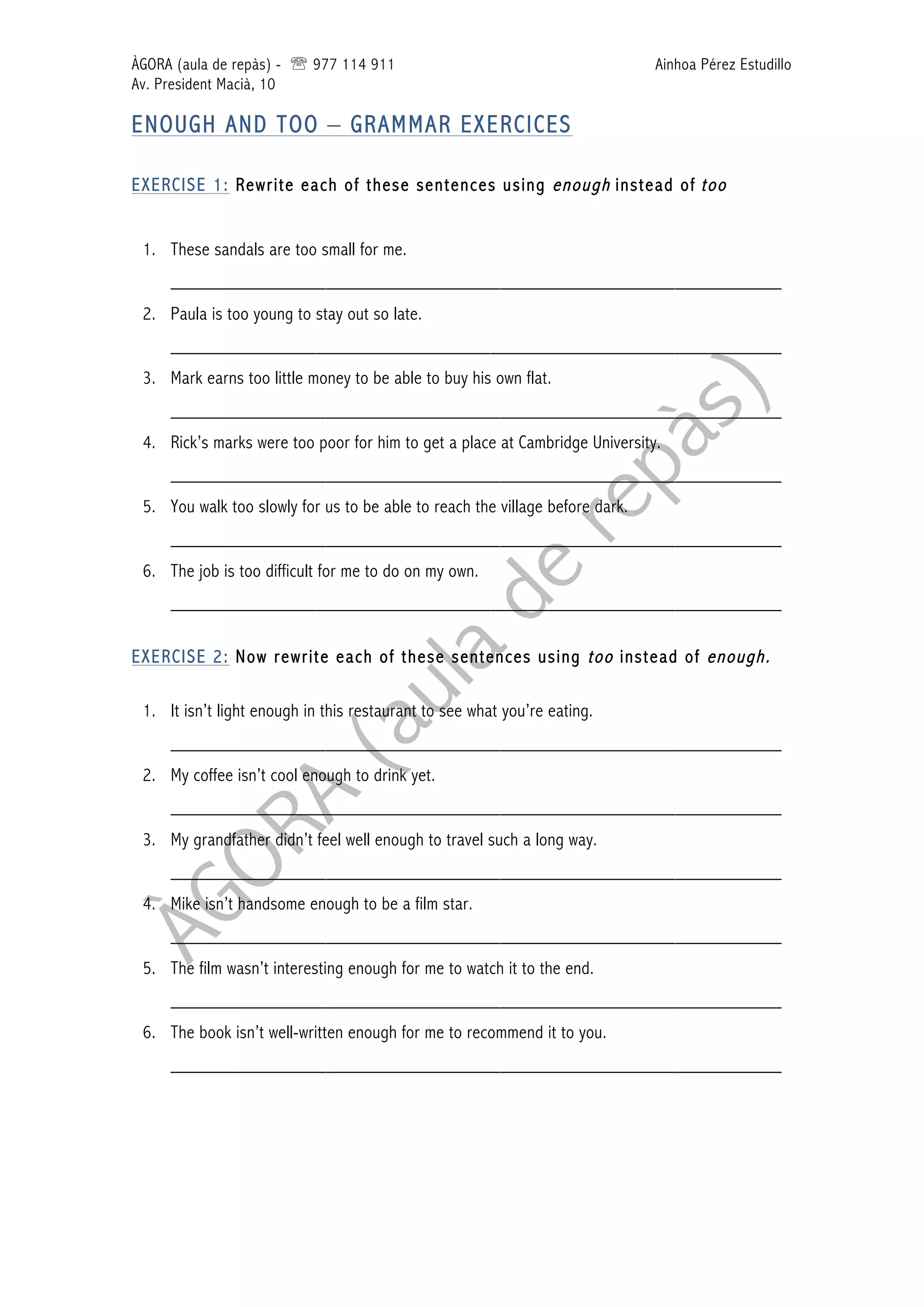 ENOUGH AND TOO - Grammar exercises. | PDF