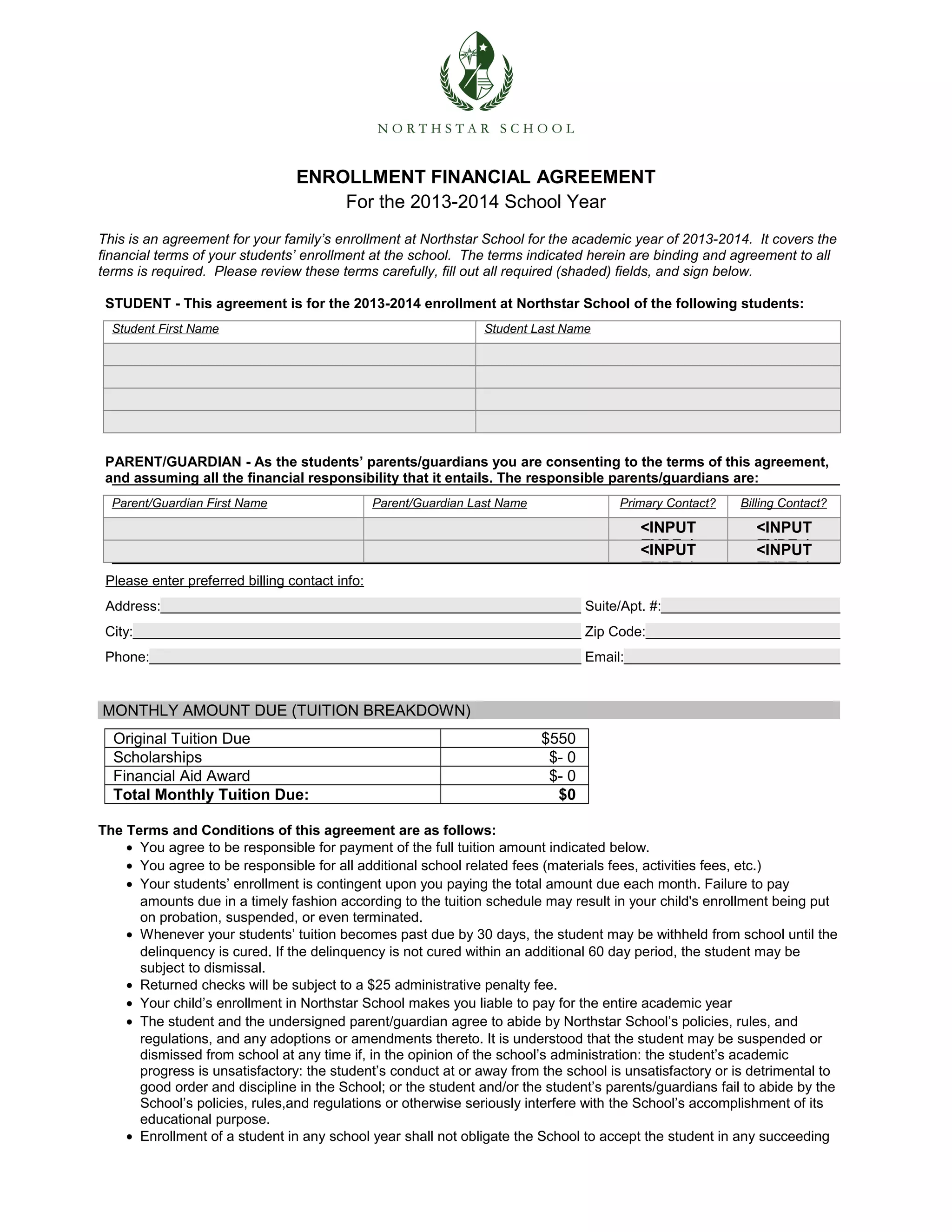 Enrollment agreement 2013-2014-blank | DOC | Education
