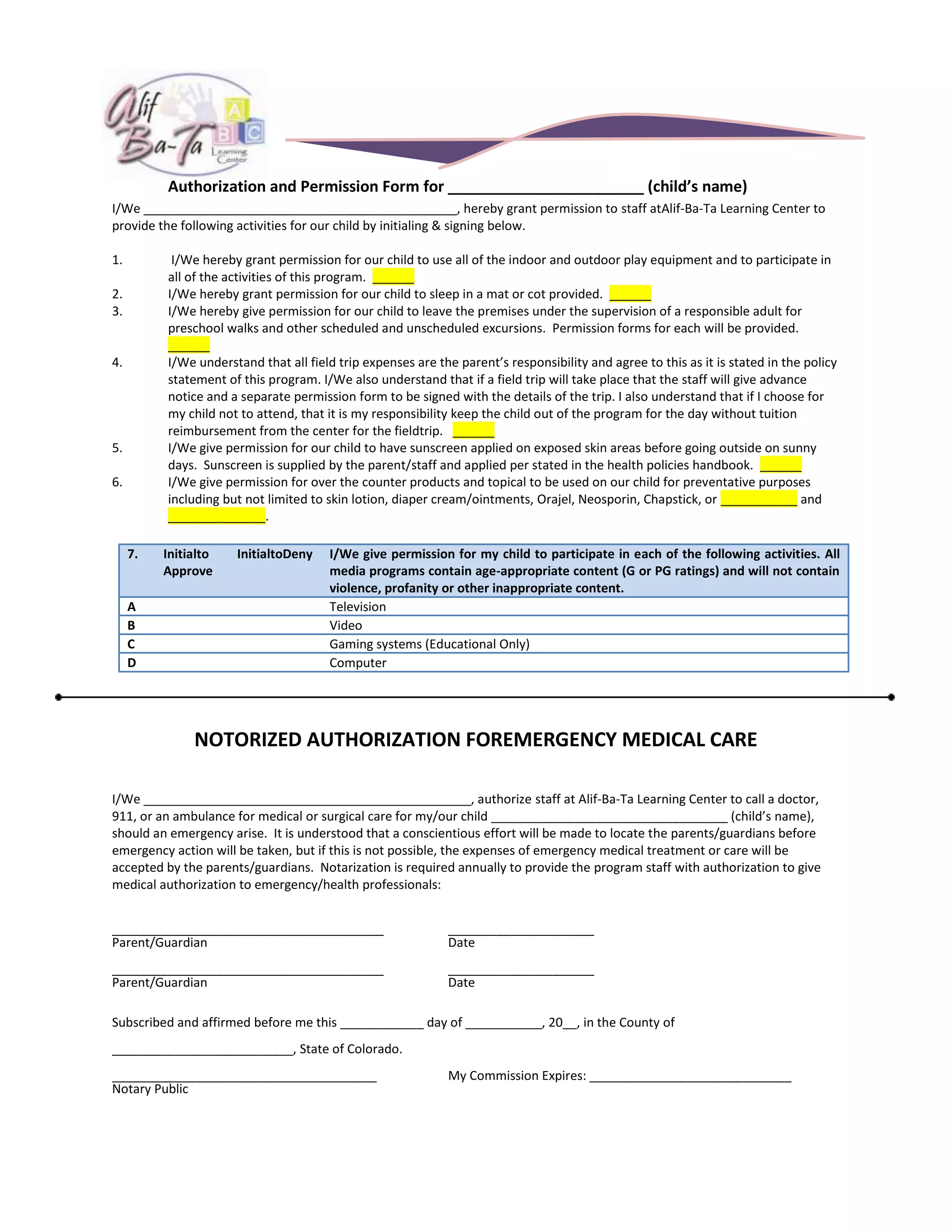 Enrollment packet preschool | DOCX