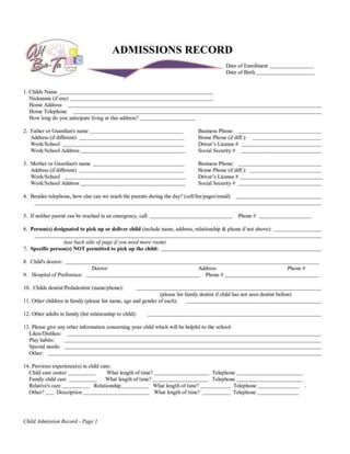 Enrollment packet preschool | DOCX