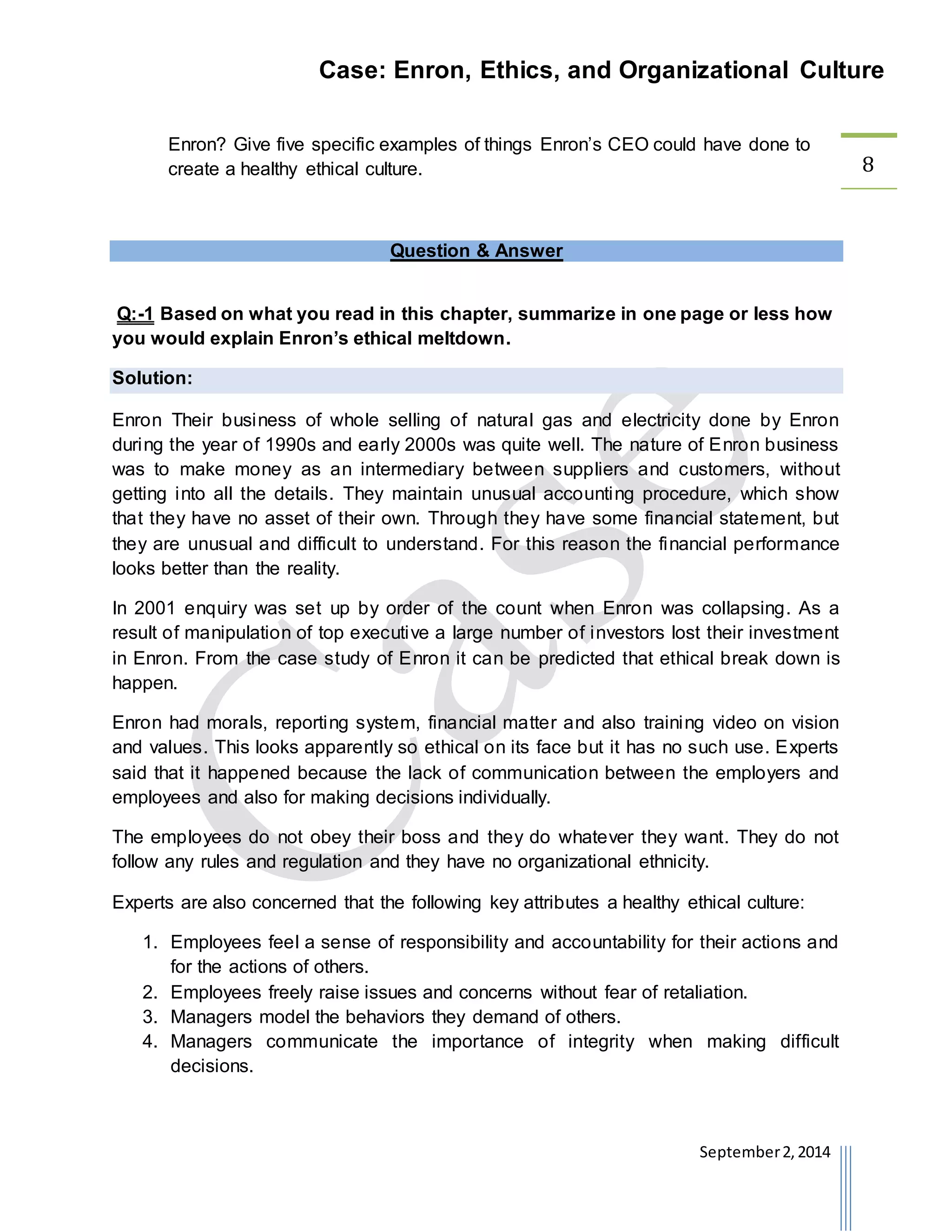 Enron, ethics and organizational culture | DOCX