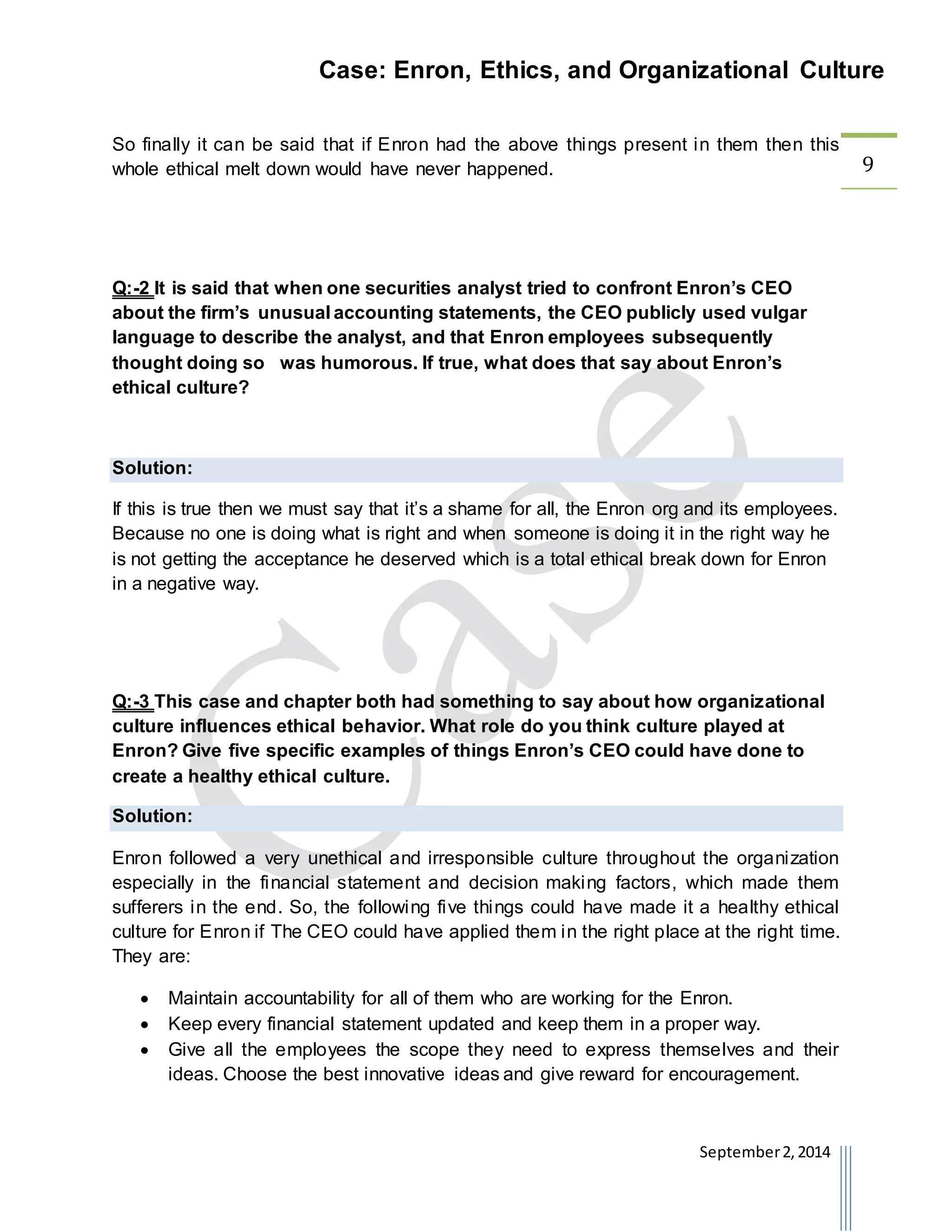 Enron, ethics and organizational culture | DOCX