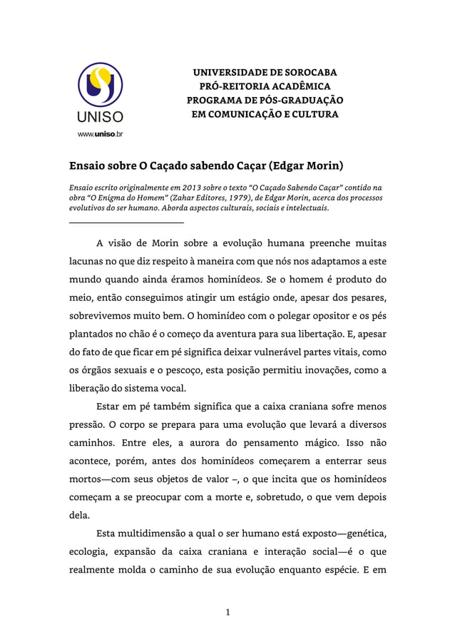 Ensaio sobre O Caçado sabendo Caçar (Edgar Morin) | PDF