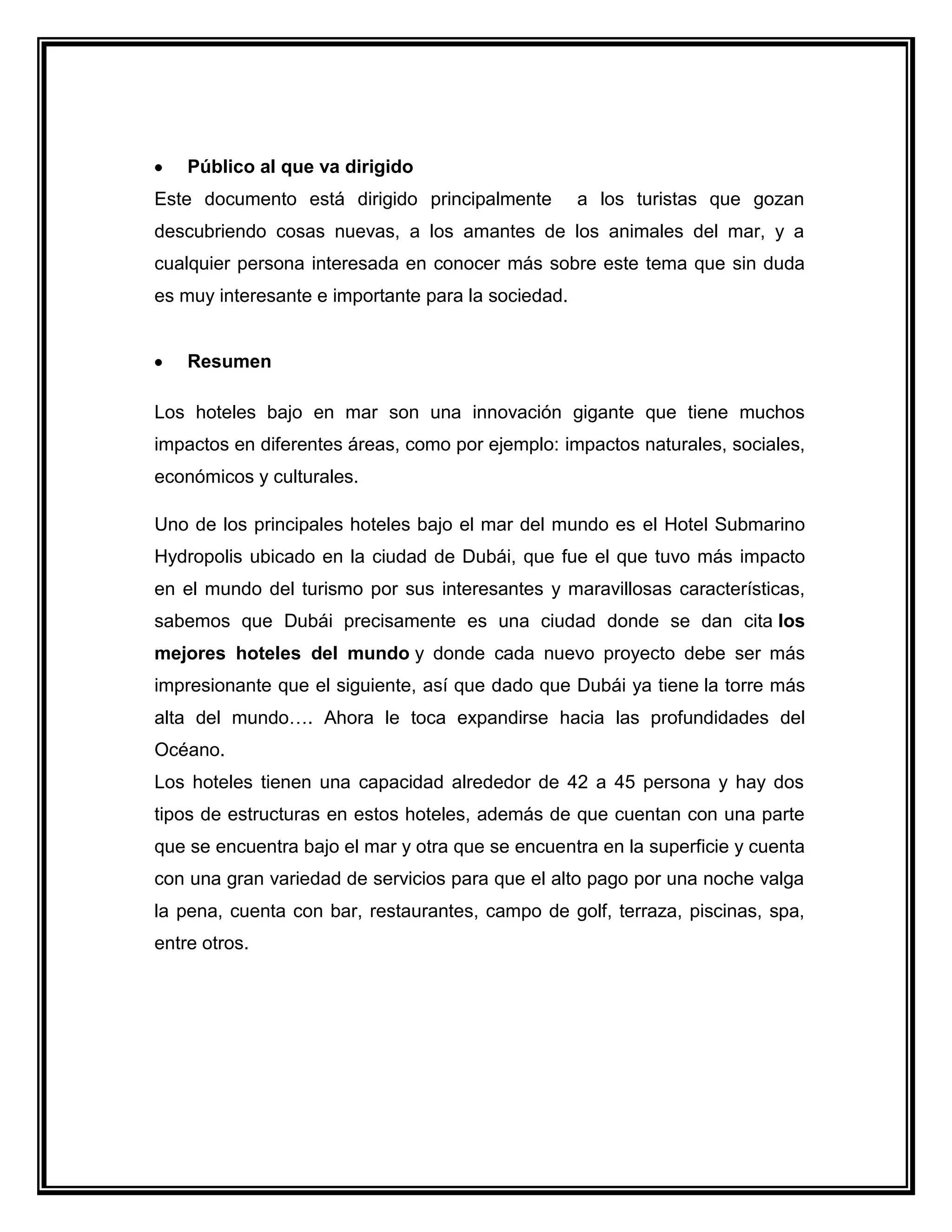 Ensayo Hoteles bajo el mar | PDF