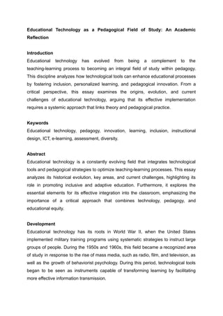 Educational Technology as a Pedagogical Field of Study: An Academic Reflection | PDF