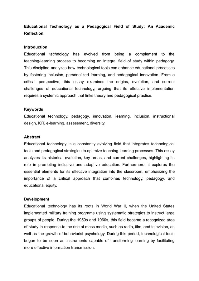 Educational Technology as a Pedagogical Field of Study: An Academic Reflection | PDF