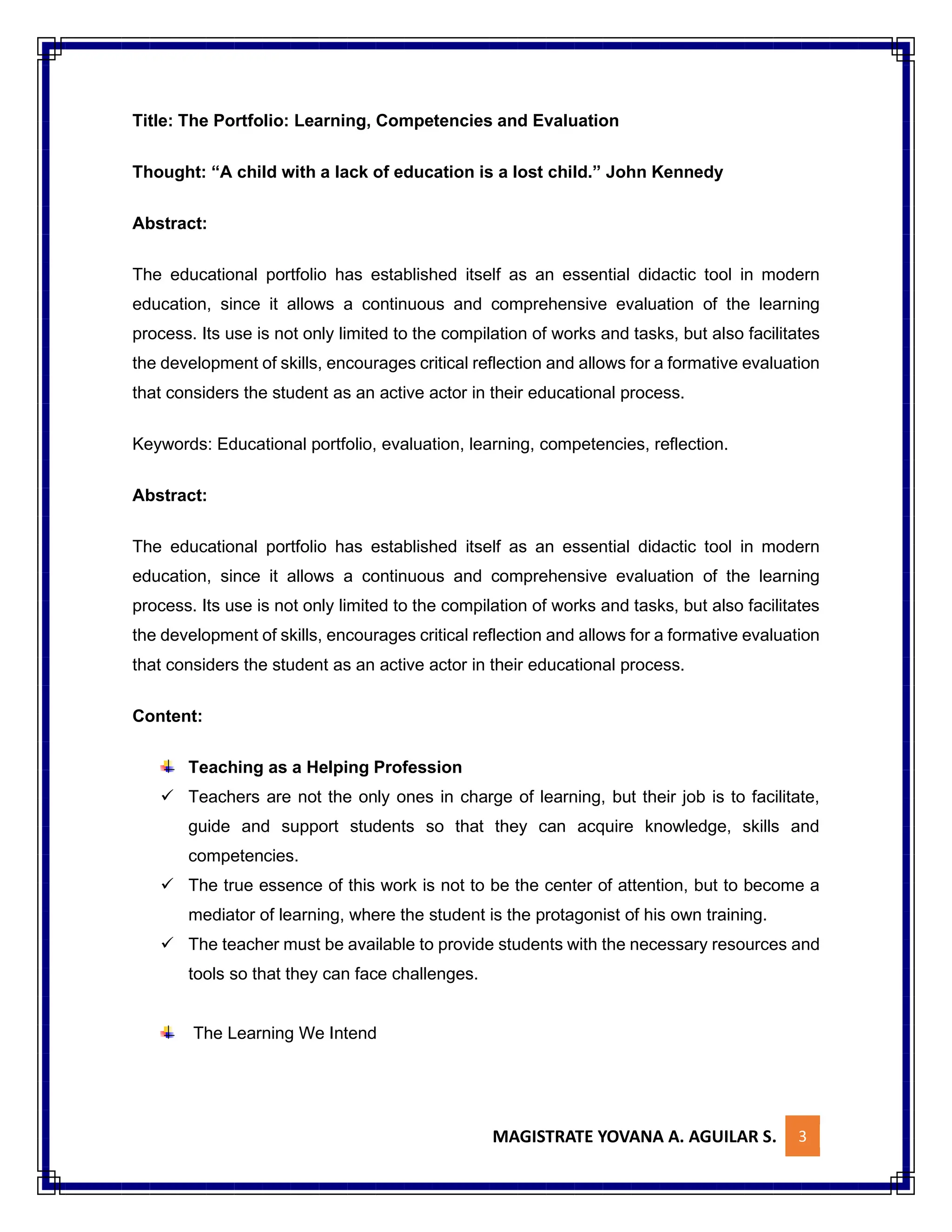 ENSAYO ARGUMENTATIVO EN INGLÉS.Title: The Portfolio: Learning, Competencies and Evaluation ...