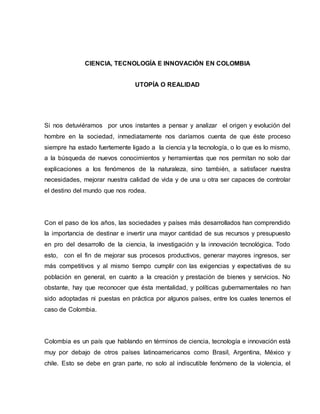 Ensayo ciencia, tecnología e investigación en Colombia | DOCX