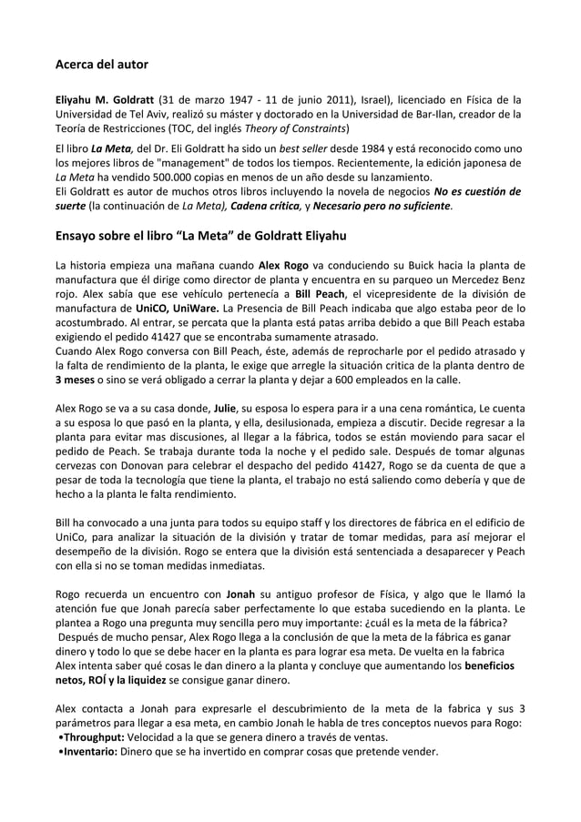 Ensayo del libro La Meta de Eliyahu M. Goldratt Ensayo del libro La Meta de Eliyahu M. Goldratt