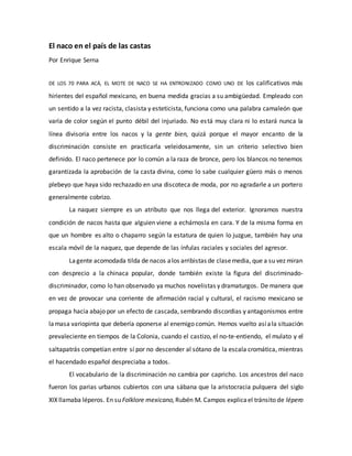 Ensayo, el naco en el país de las castas tlr ii | DOCX