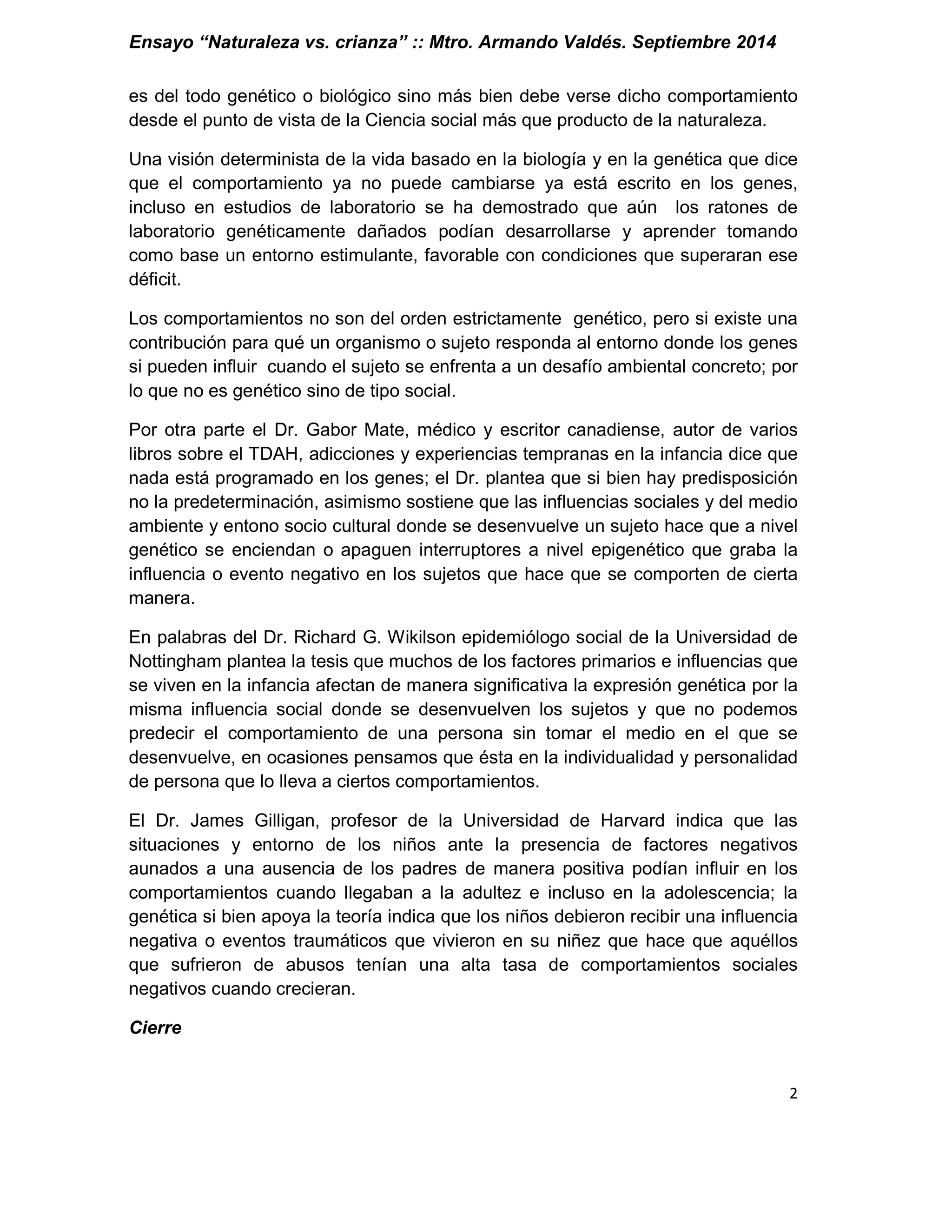 Ensayo naturaleza vs crianza | PDF