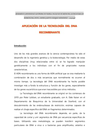 Aplicación de la Tecnología del DNA Recombinante. | DOCX