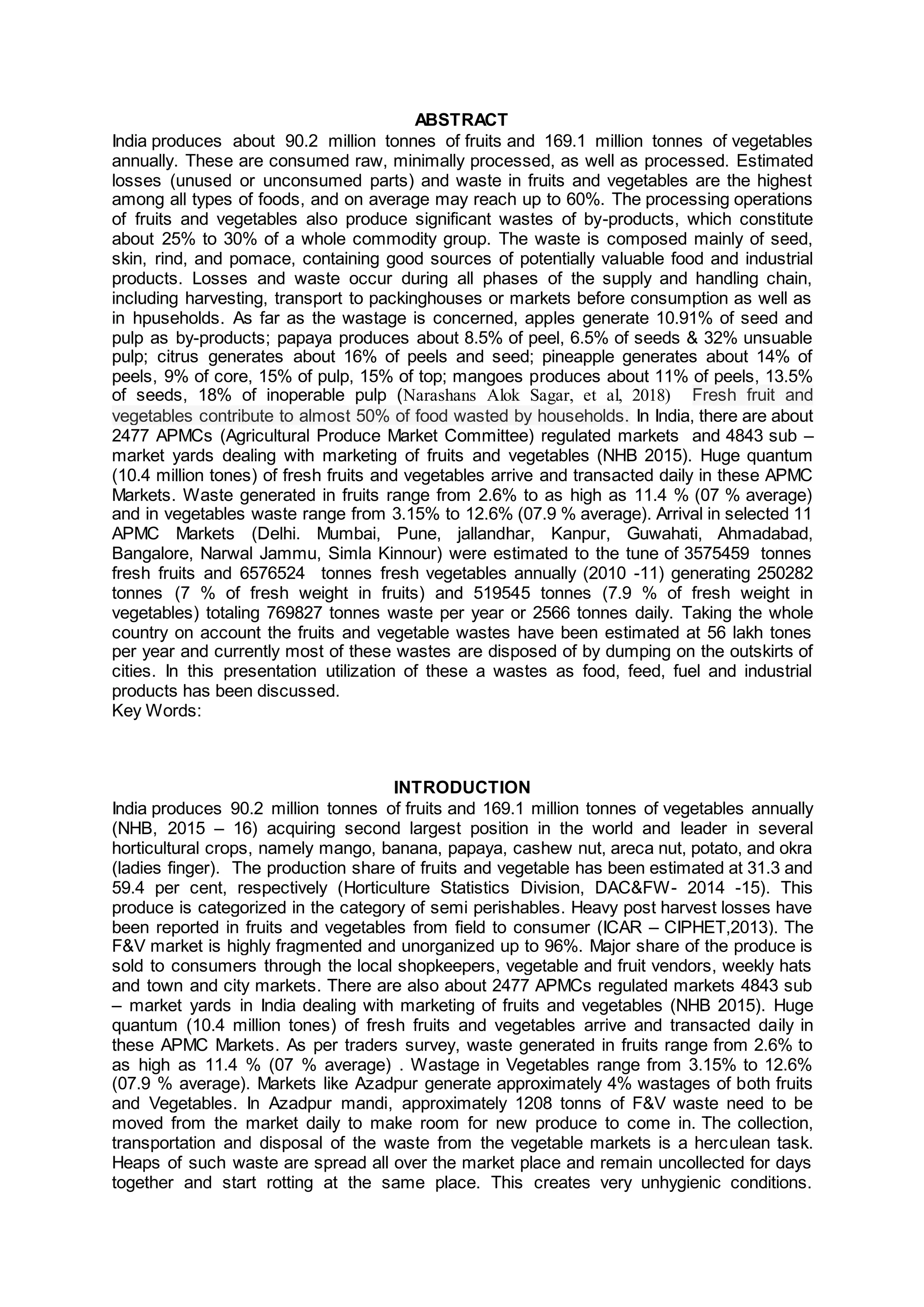 UTILIZATION OF FRUITS AND VEGETABLE WASTES GENERATED IN INDIAN APMCs ...