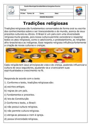 Tradições religiosas fundamentos culturais | PDF