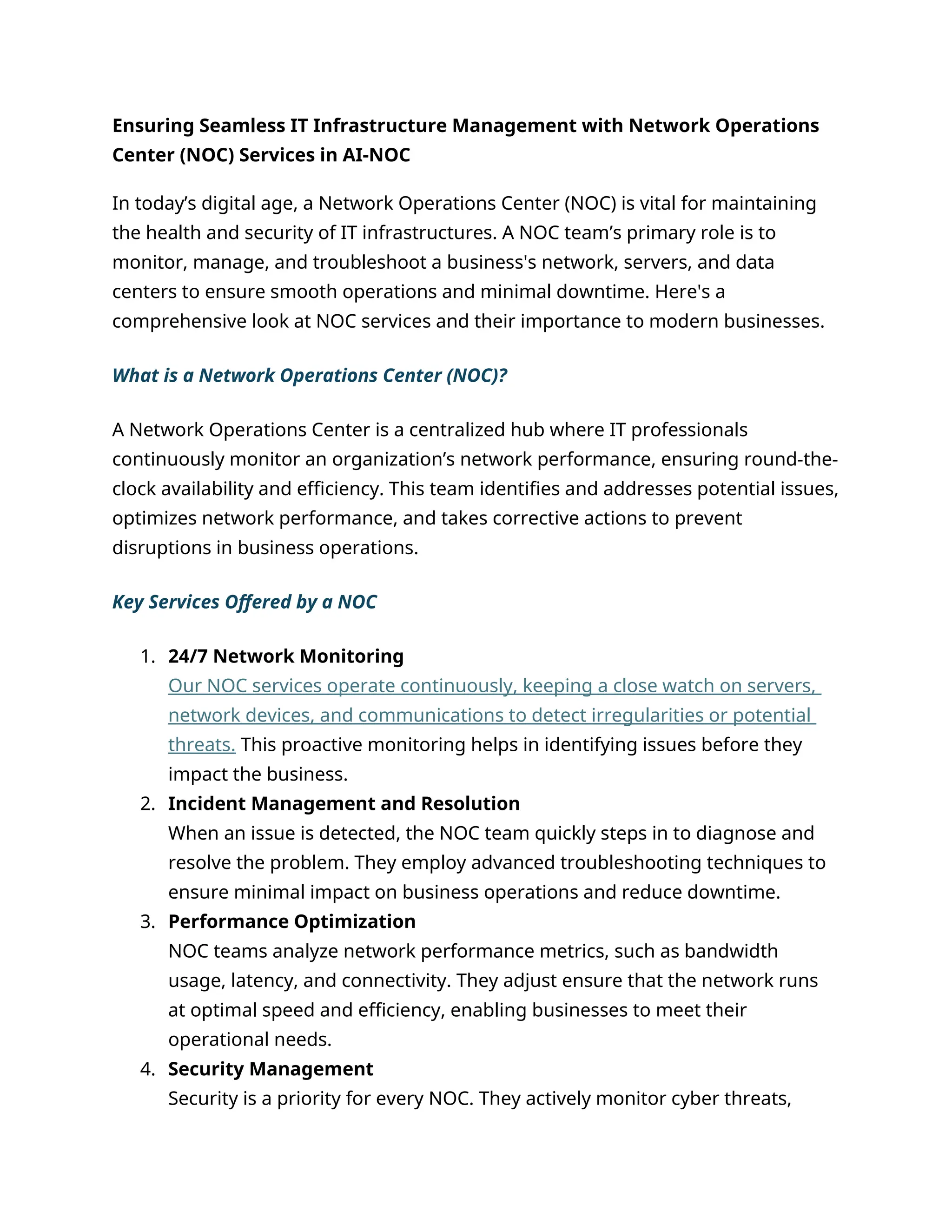 Ensuring Seamless IT Infrastructure Management with Network Operations Center (NOC) Services in ...