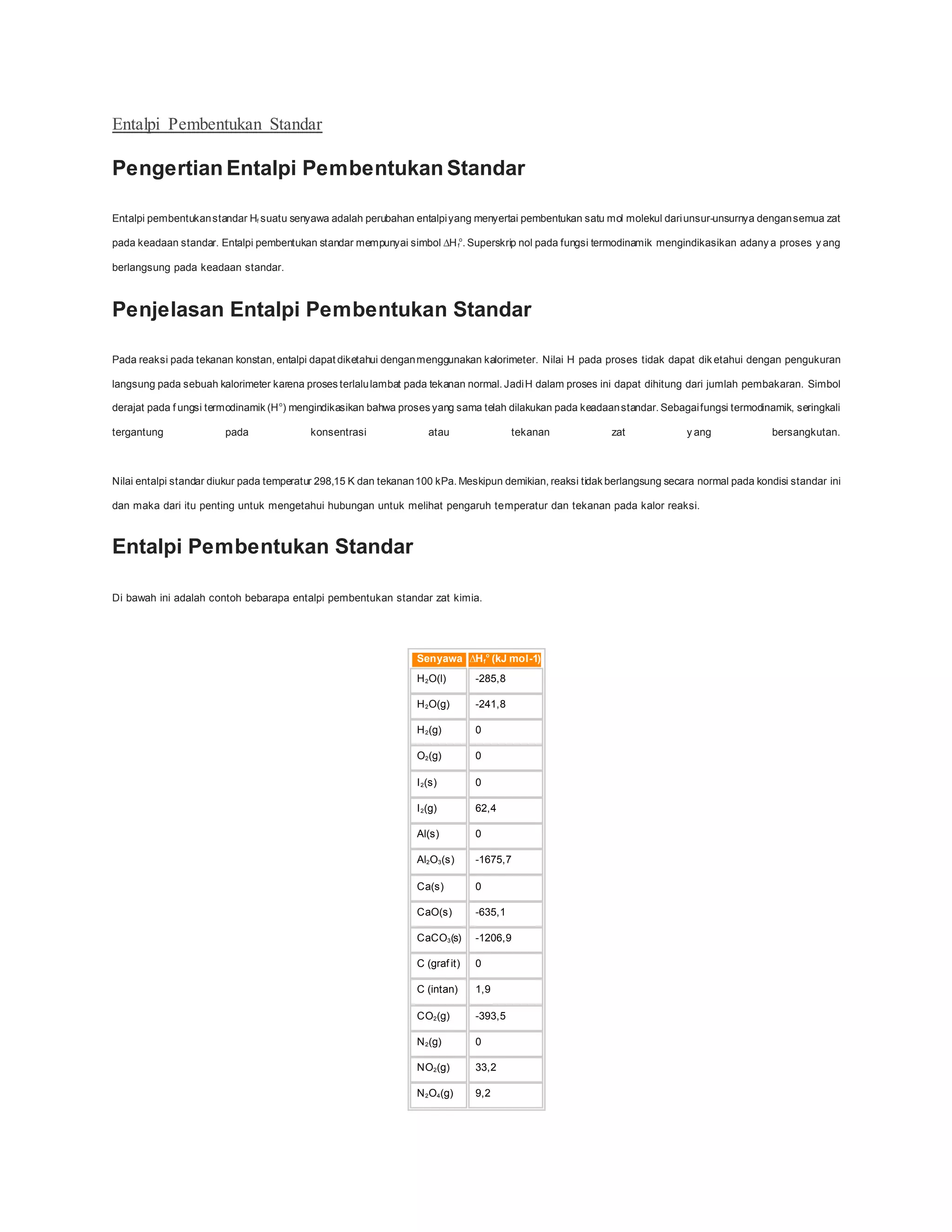 Entalpi pembentukan standar | DOCX