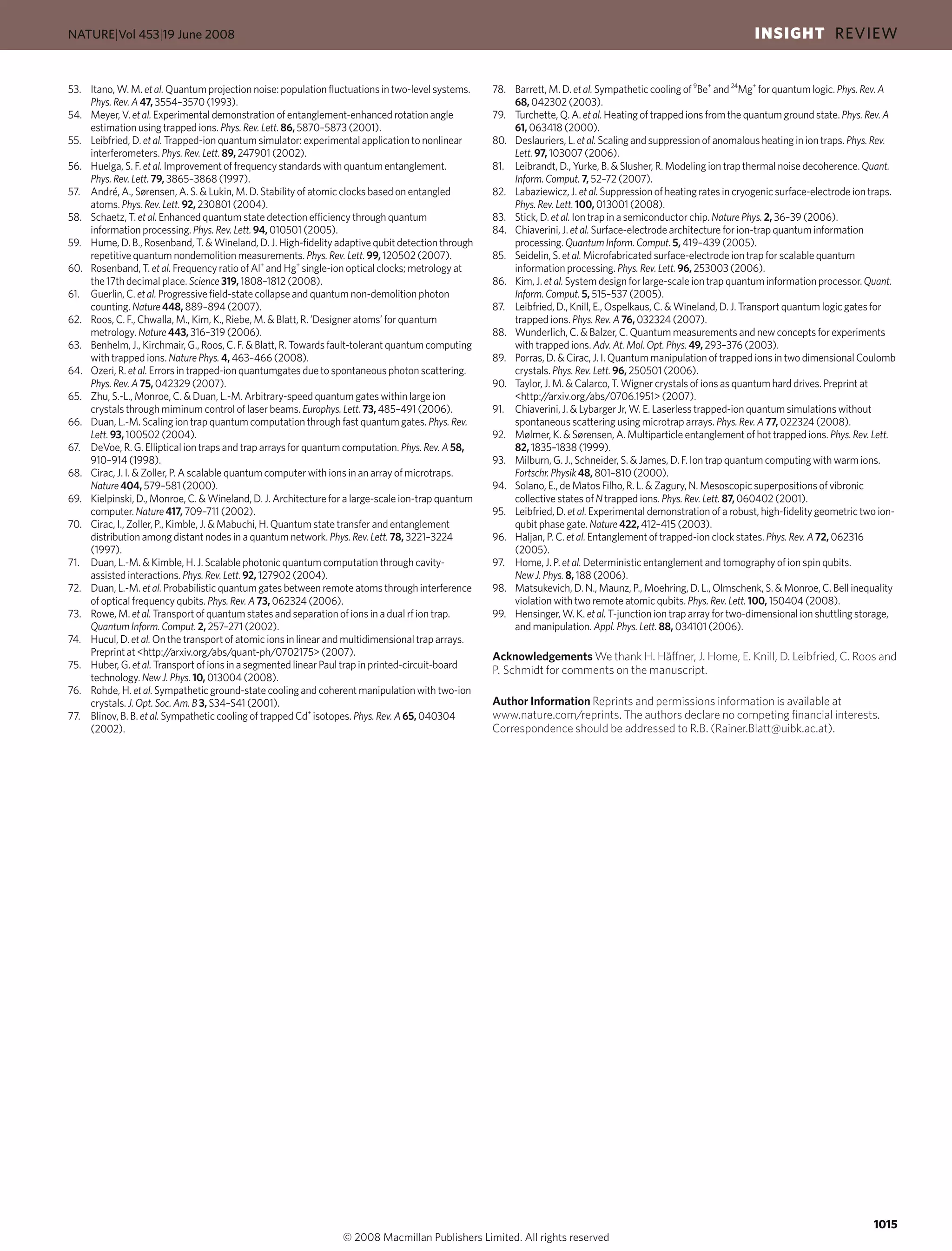 Entangled states of trapped atomic ions | PDF