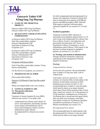 Entecavir Tablet USP Taj Pharma SmPC | PDF