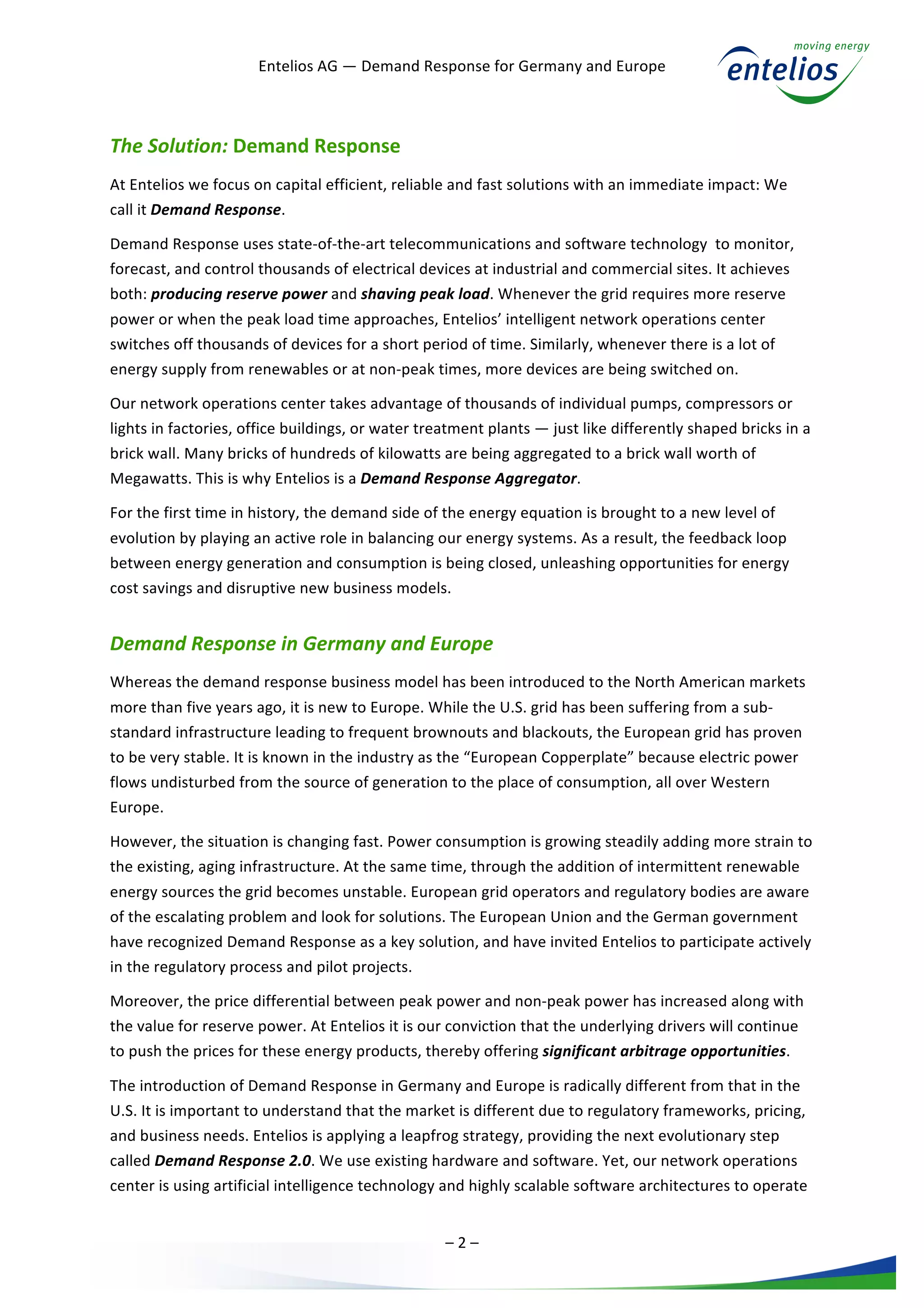 Entelios AG - Demand Response for Germany and Europe | PDF