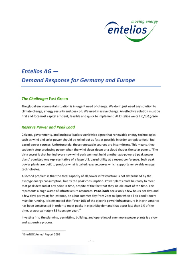 Entelios AG - Demand Response for Germany and Europe | PDF