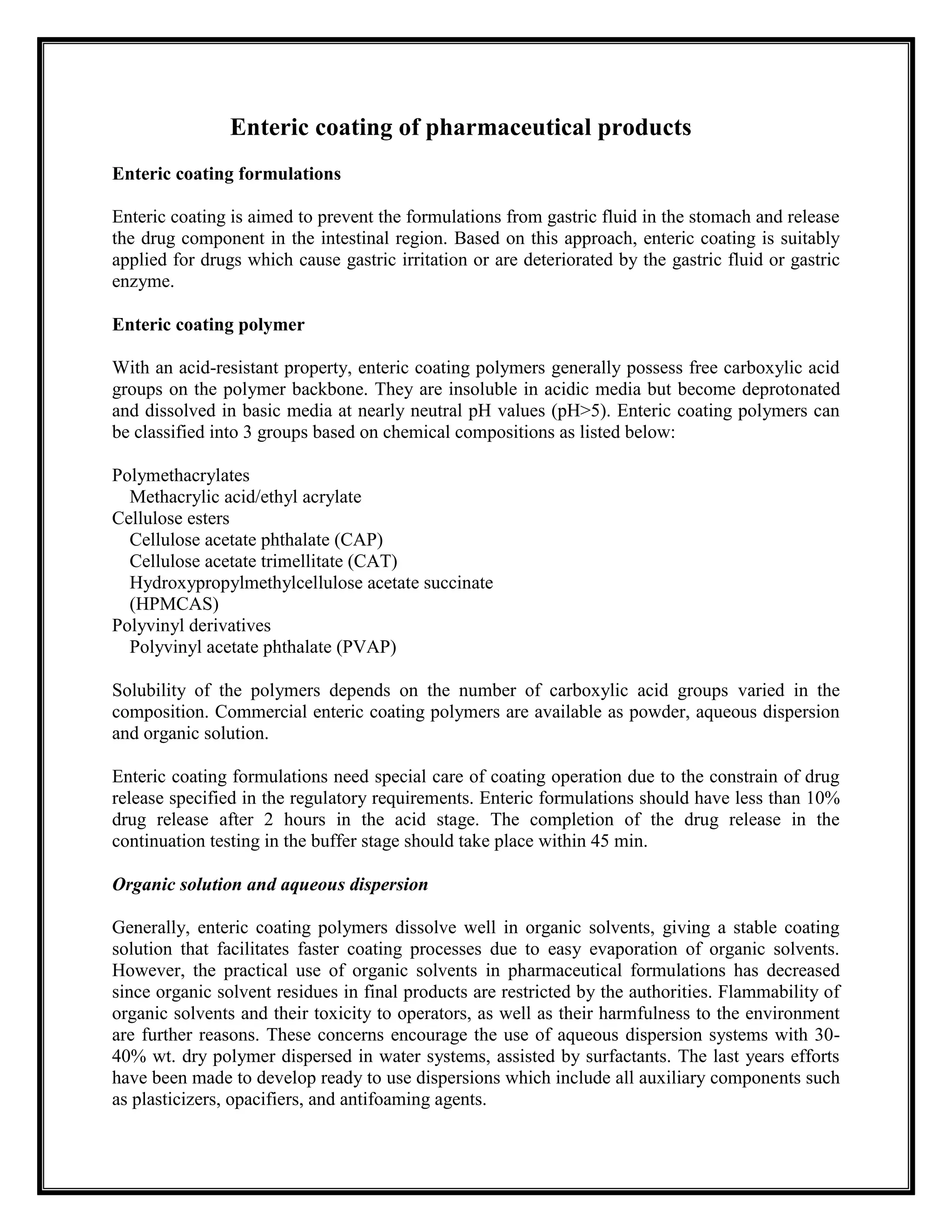 Enteric coating of pharmaceutical products | DOCX