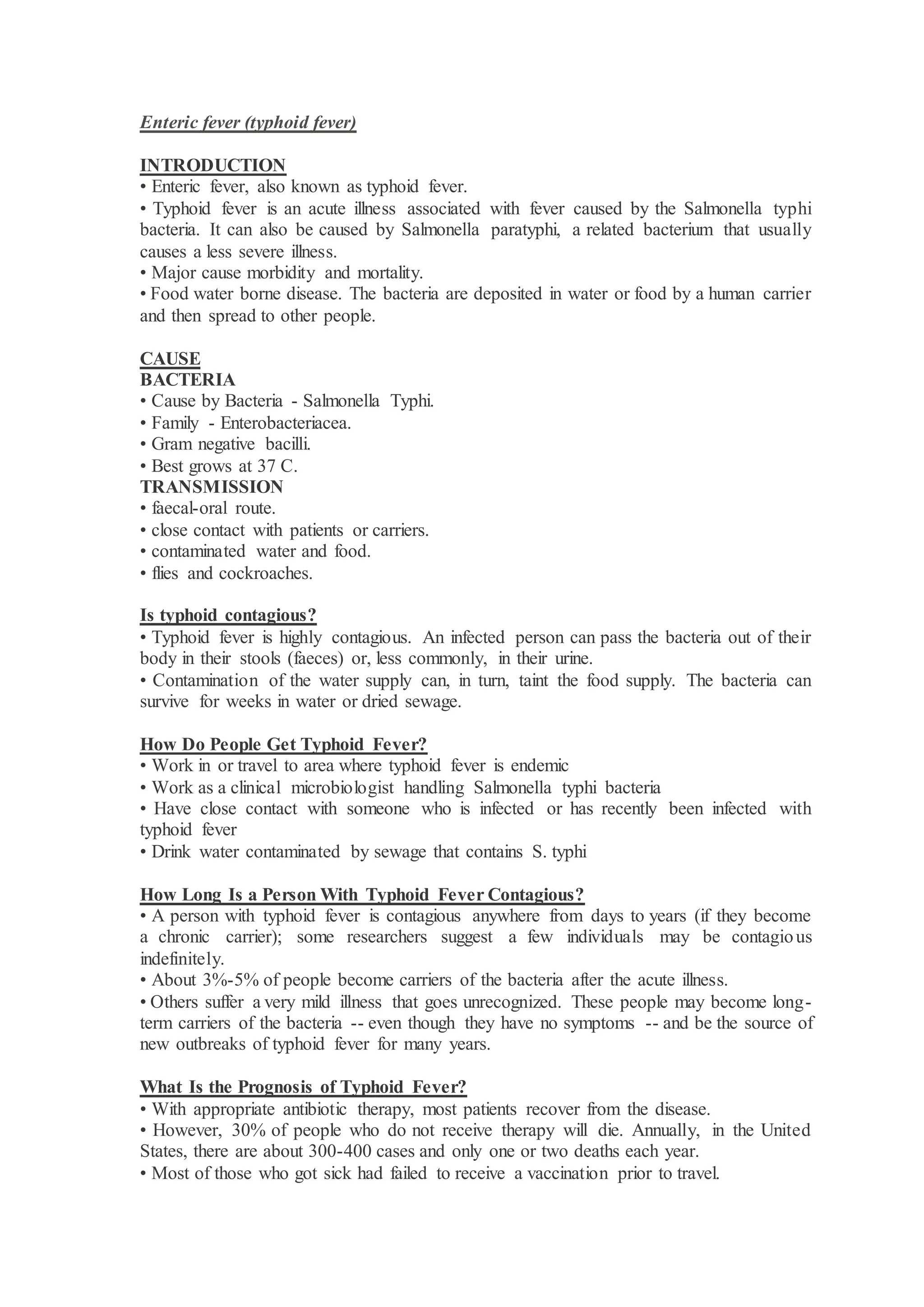 Enteric fever (typhoid fever) | DOCX