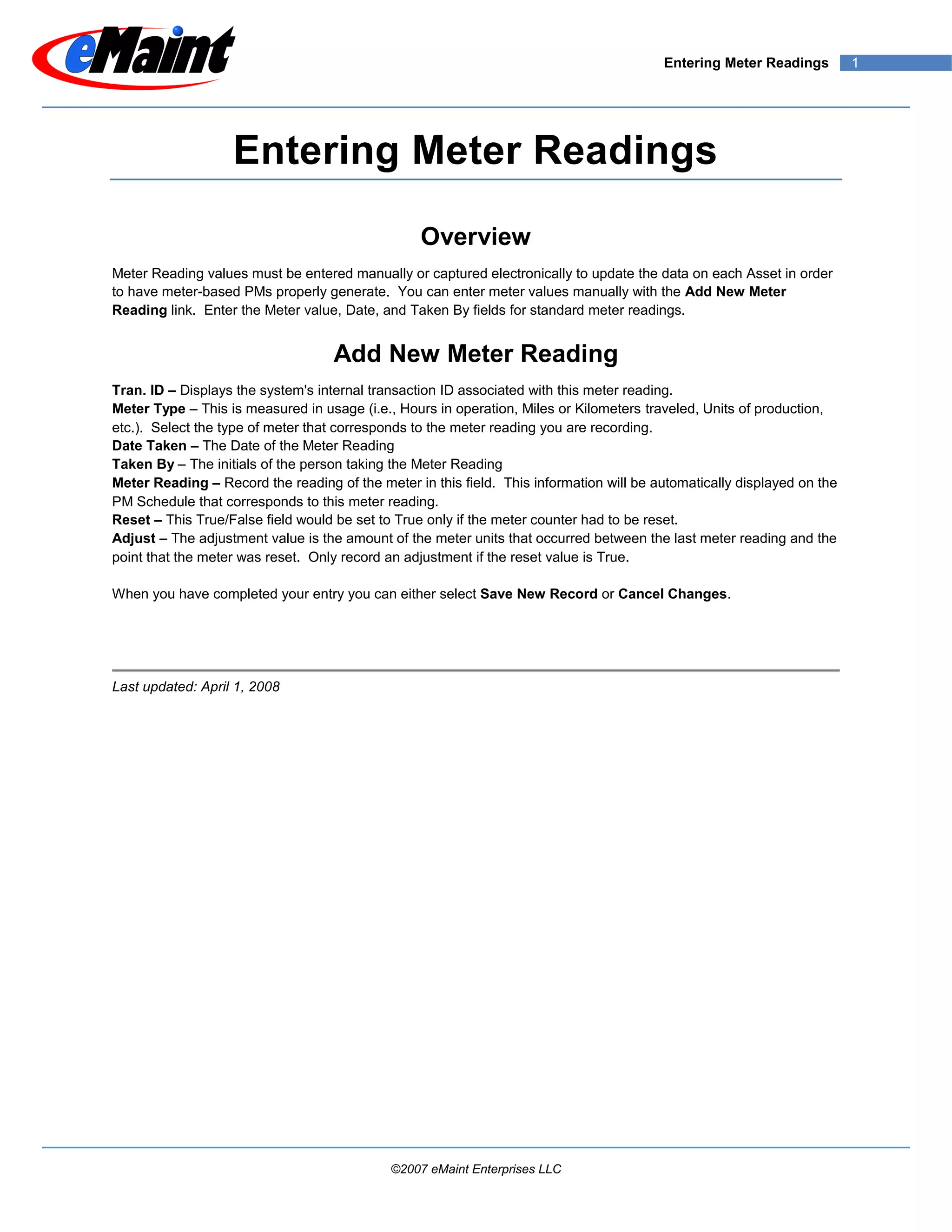 Entering Meter Readings | PDF