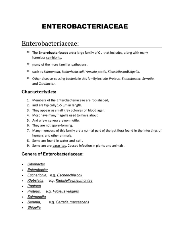Enterobacteriaceae , Enterobacter and their Biochemical Test | DOCX