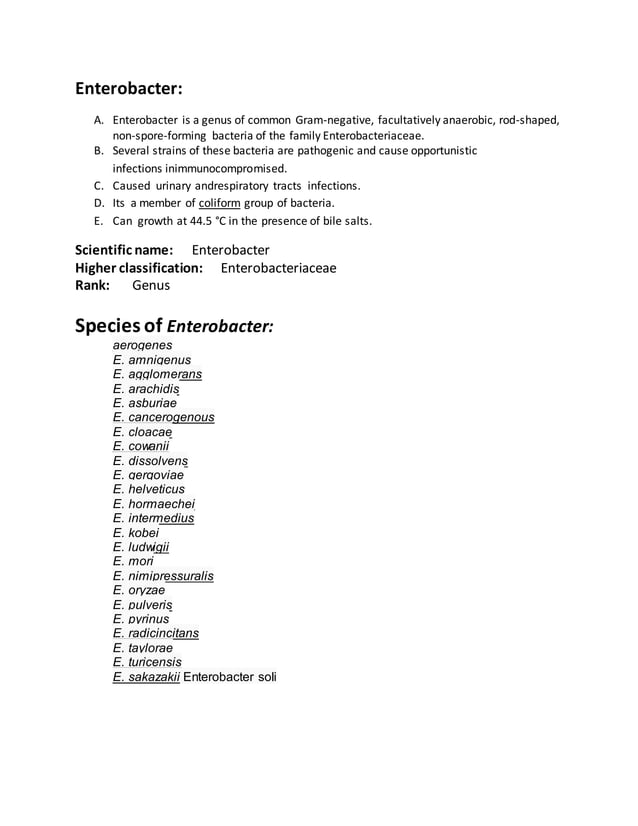 Enterobacteriaceae , Enterobacter and their Biochemical Test | DOCX