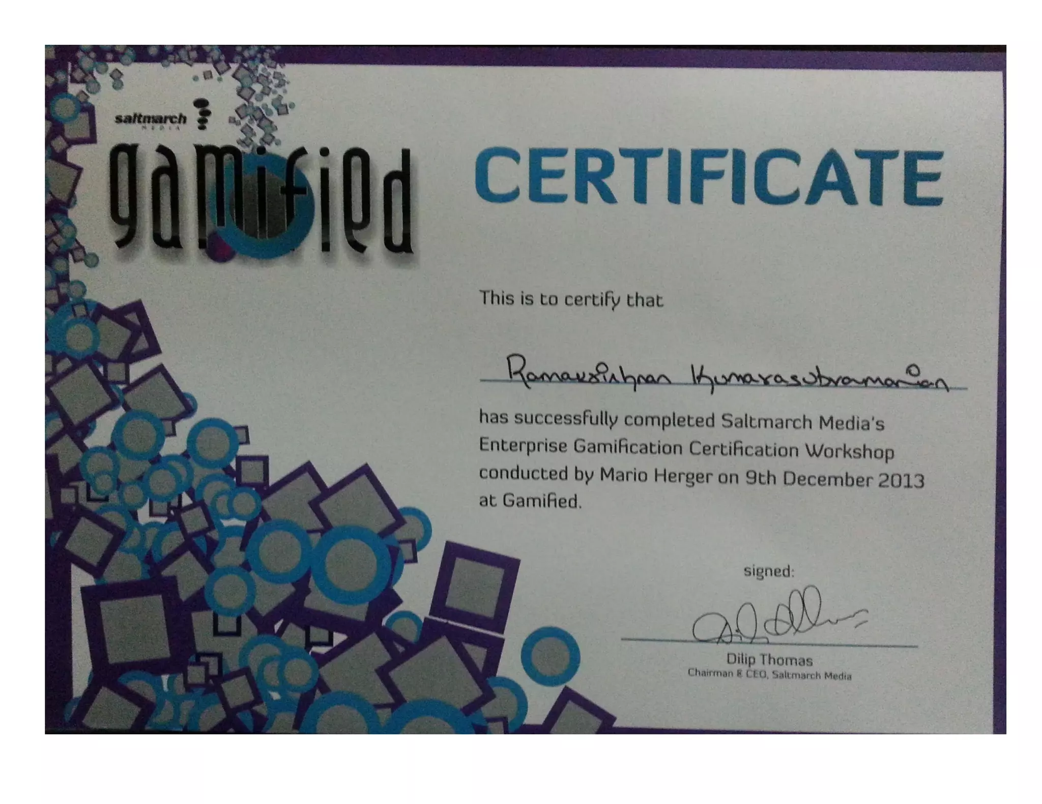 Enterprise Gamification Workshop Certification - Ram Kumarasubramanian | PDF