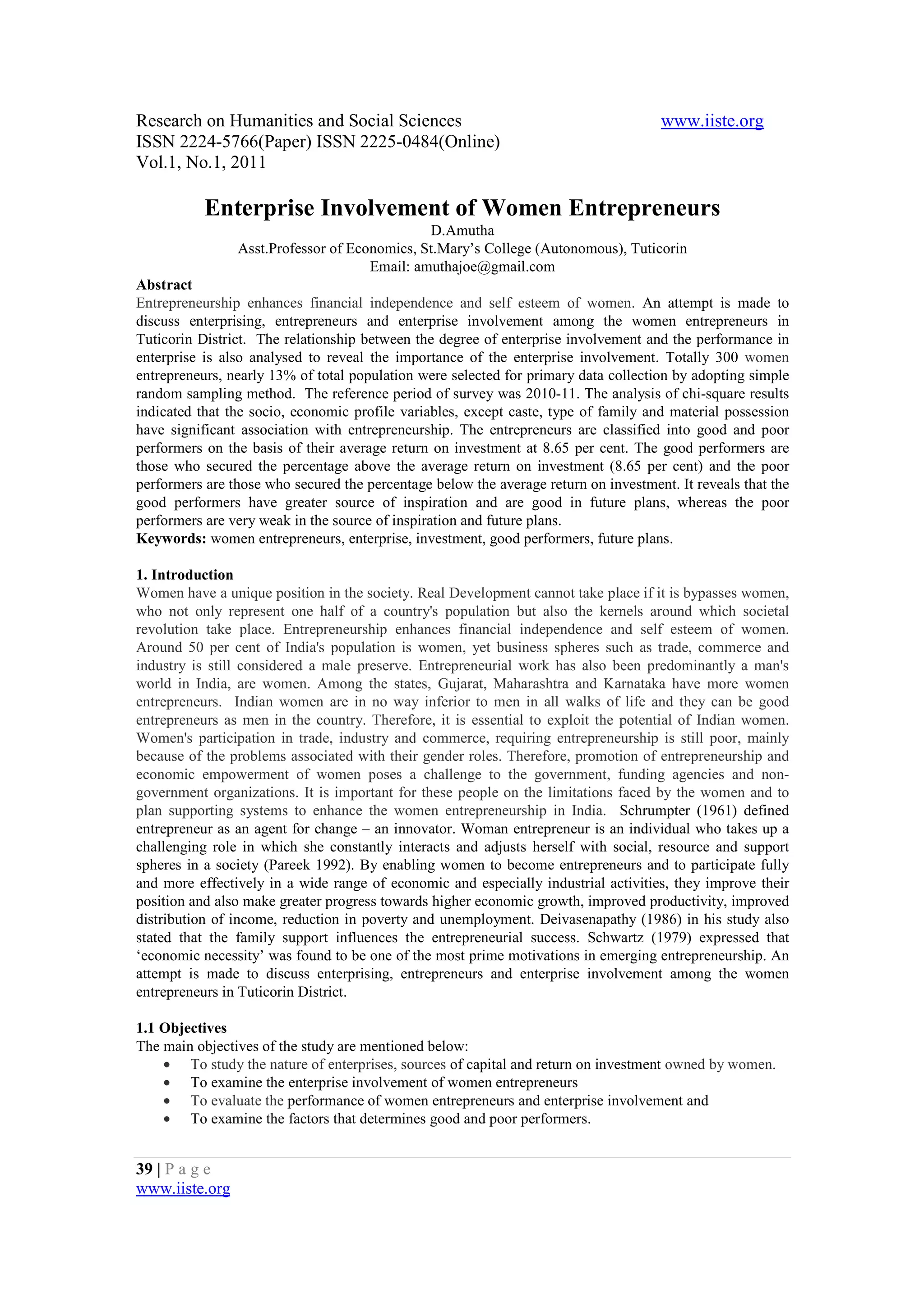 Enterprise involvement of women entrepreneurs | PDF