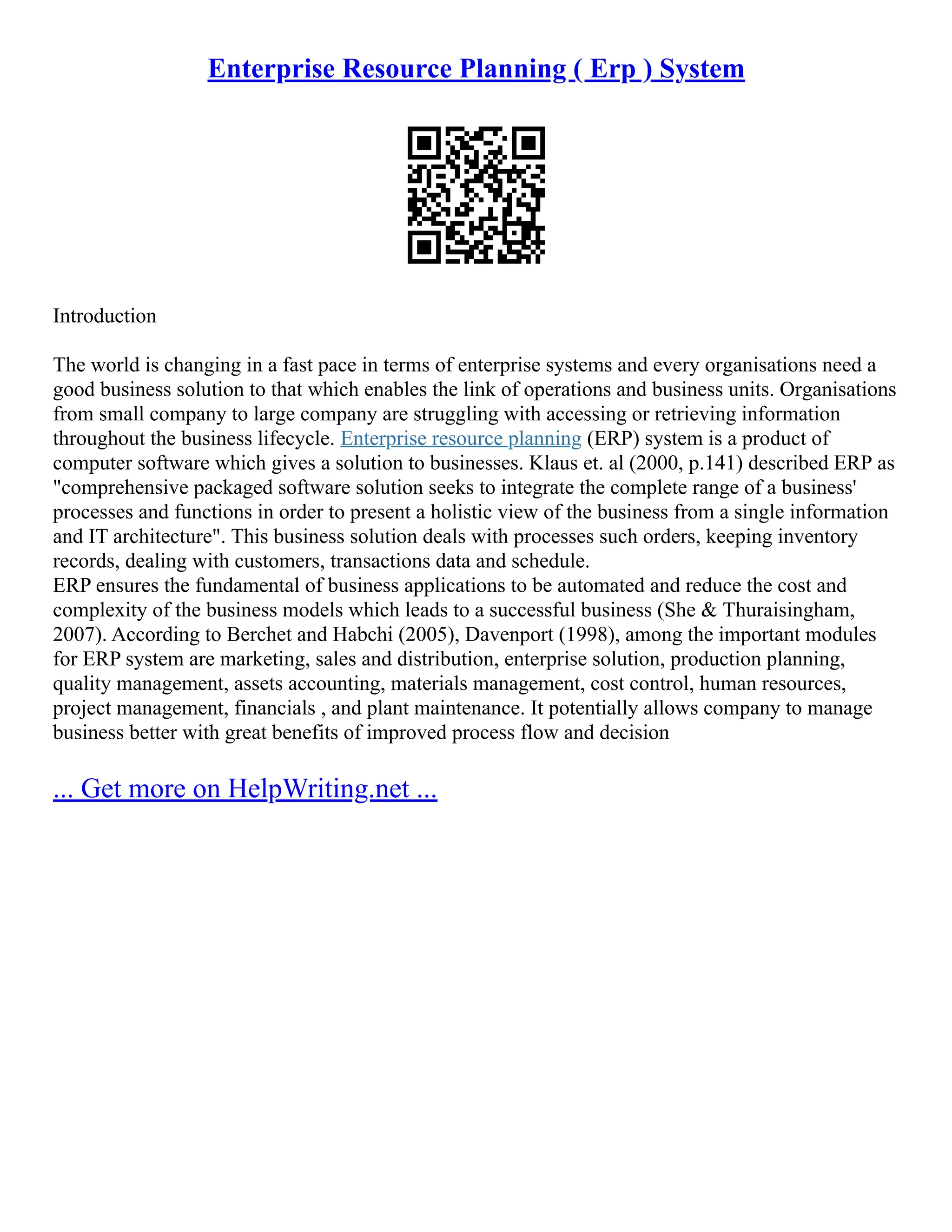 Enterprise Resource Planning ( Erp ) System | PDF