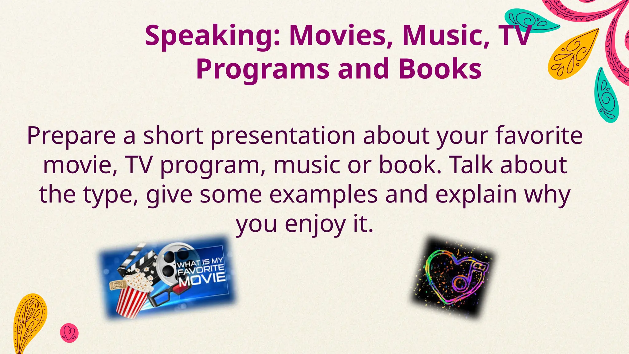Types of Movies, Music and TV Programs for ESL | PPTX