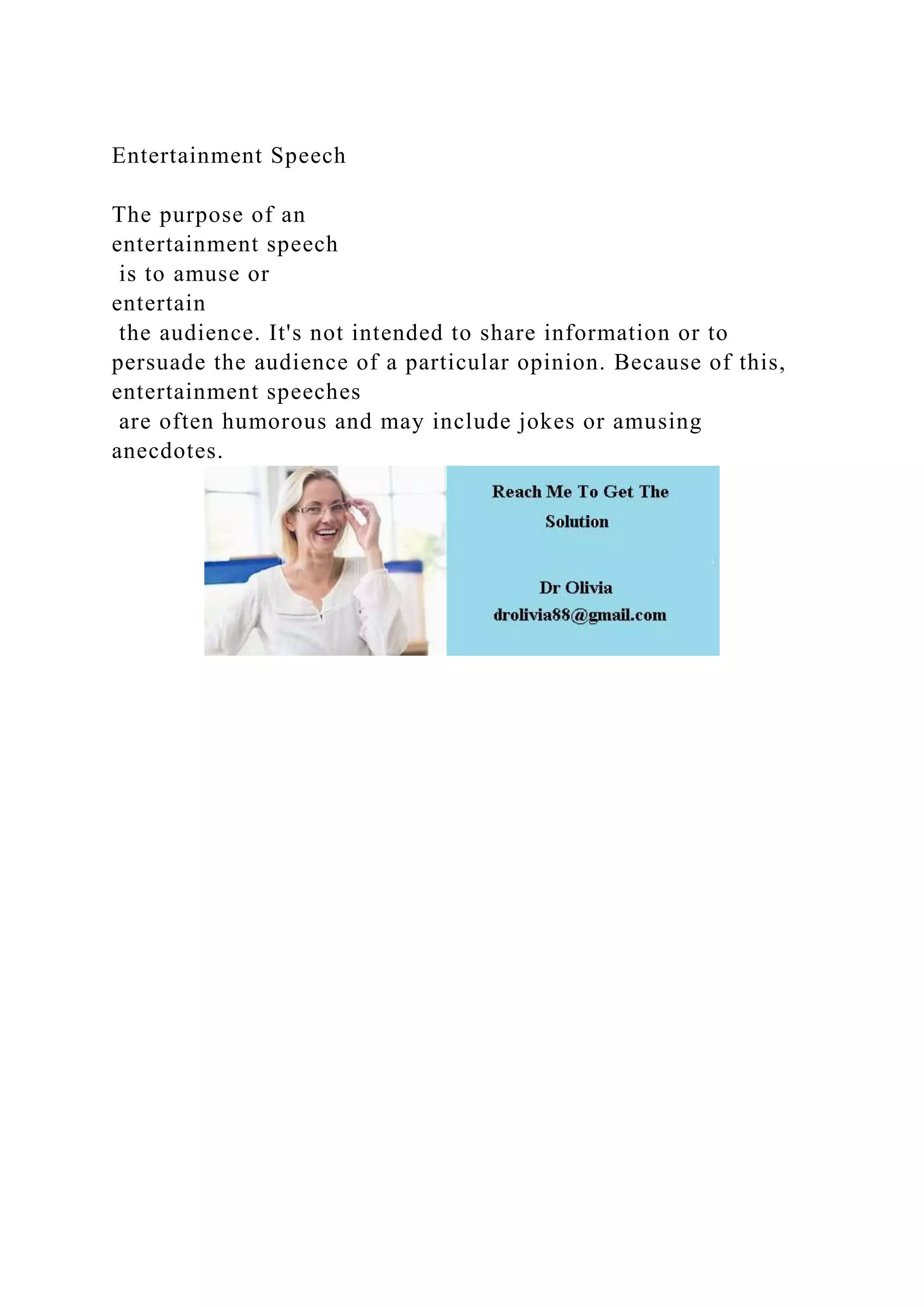 Entertainment SpeechThe purpose of an entertainment speech i.docx