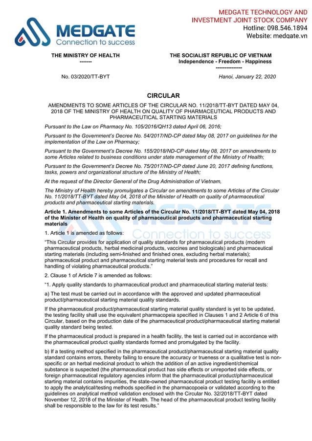 Circular 03/2020/TT-BYT: AMENDMENTS TO SOME ARTICLES OF THE CIRCULAR NO. 11/2018/TT-BYT DATED ...