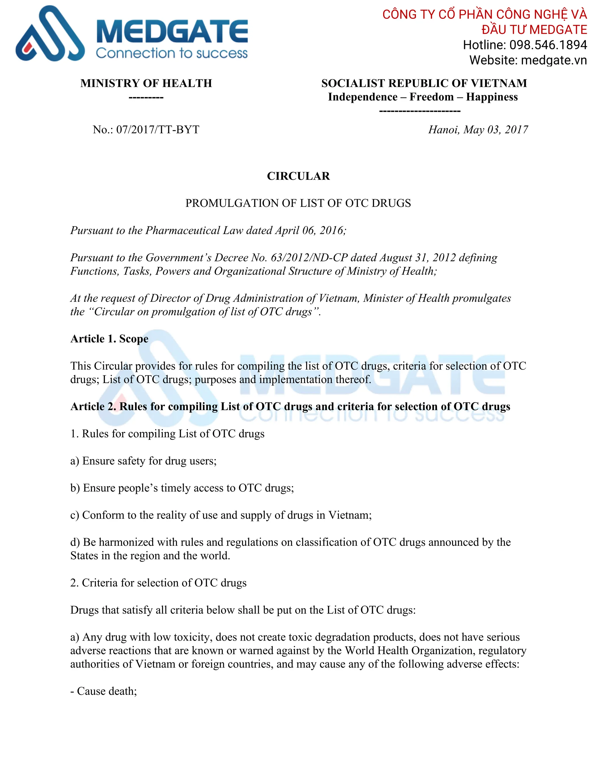 CIRCULAR 07/2017/TT-BYT: PROMULGATION OF LIST OF OTC DRUGS | PDF