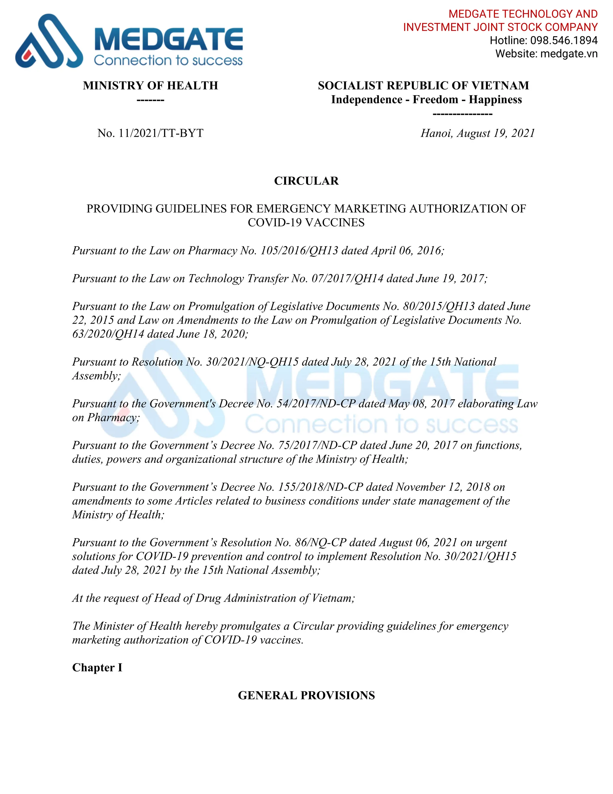 Circular 11/2021/TT-BYT: PROVIDING GUIDELINES FOR EMERGENCY MARKETING ...