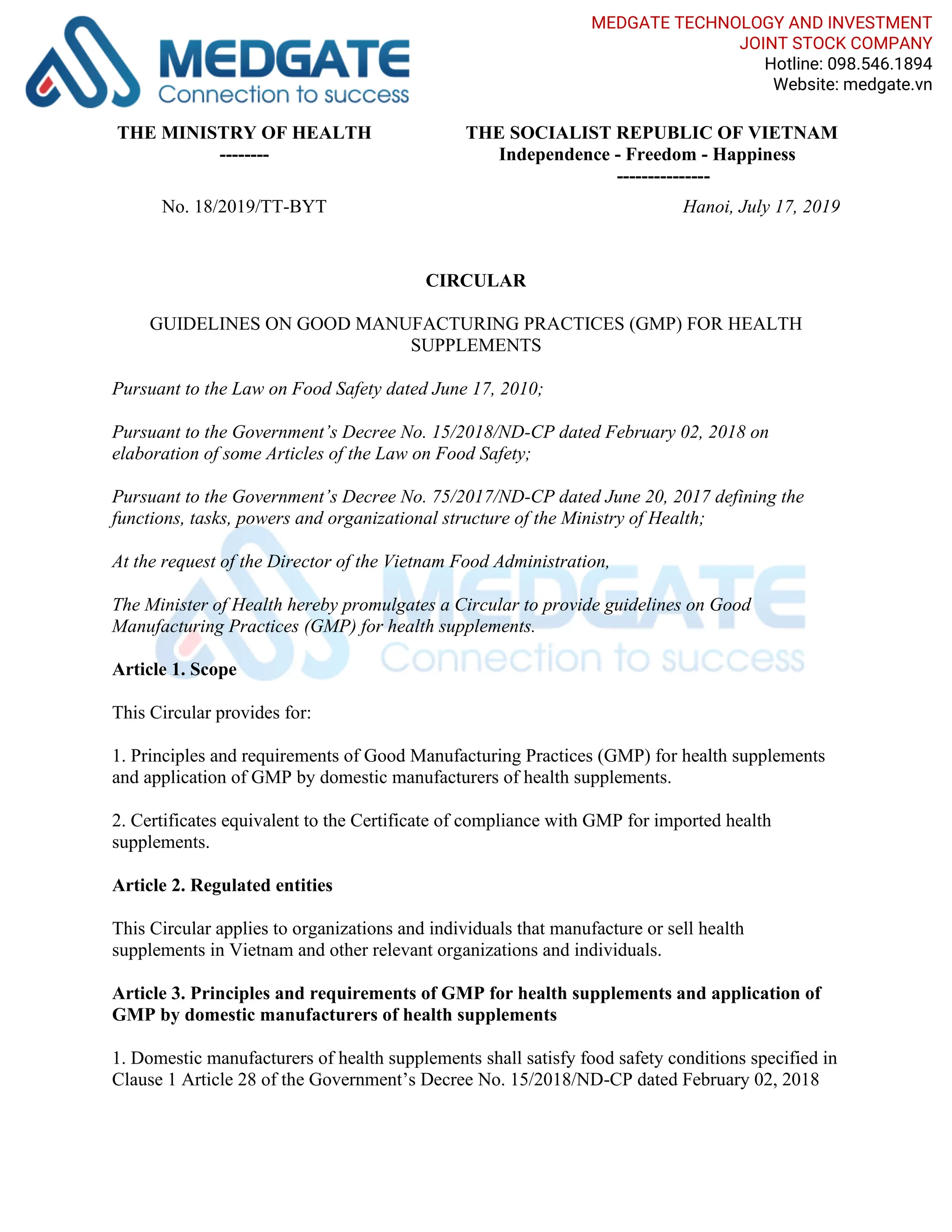 Circular 18/2019/TT-BYT: GUIDELINES ON GOOD MANUFACTURING PRACTICES ...