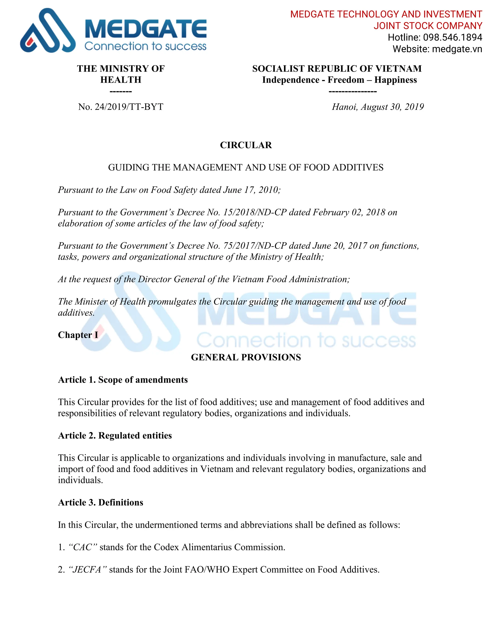 Circular 24/2019/TT-BYT: GUIDING THE MANAGEMENT AND USE OF FOOD ADDITIVES | PDF