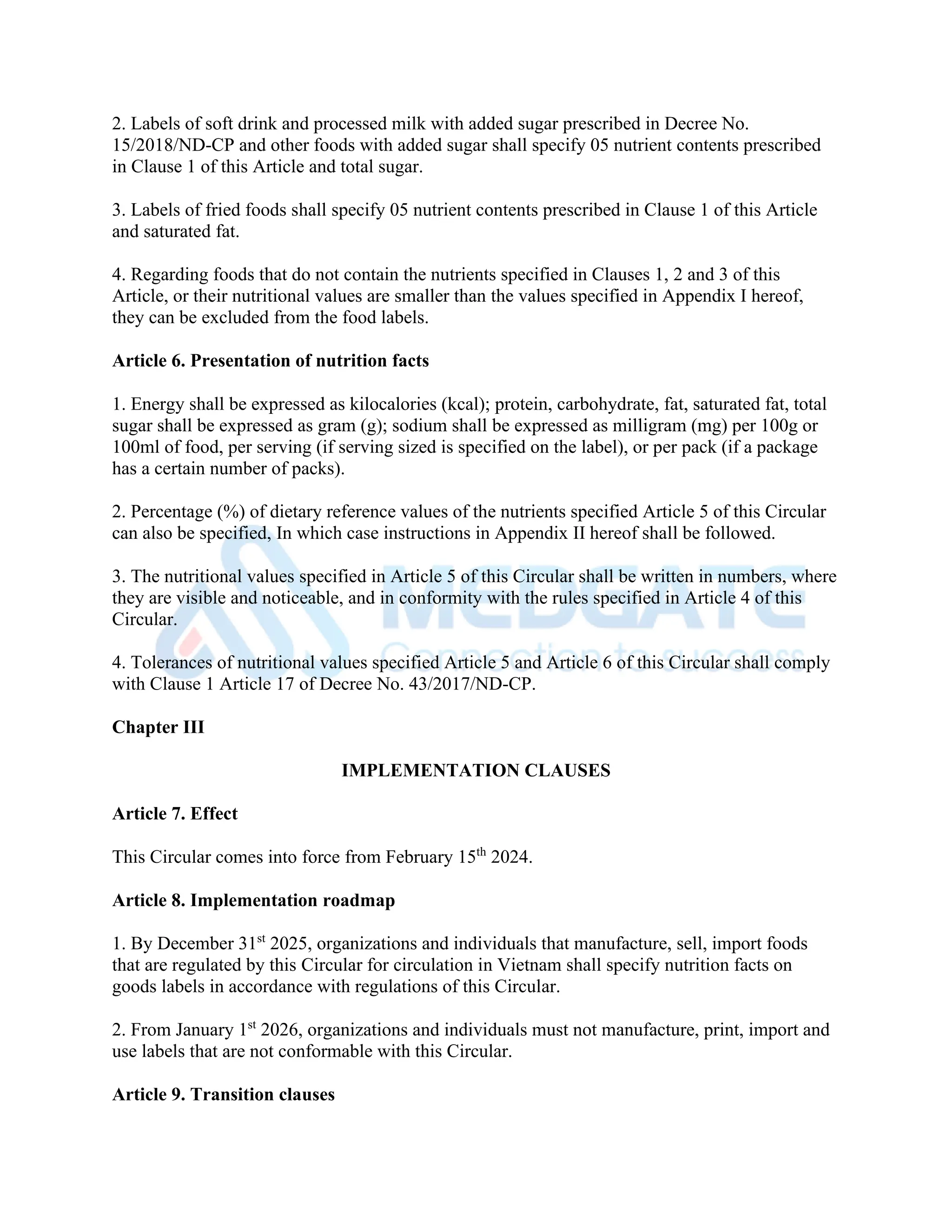 Circular 29/2023/TT-BYT: CONTENTS AND PRESENTATION OF NUTRITION FACTS ON FOOD LABELS | PDF