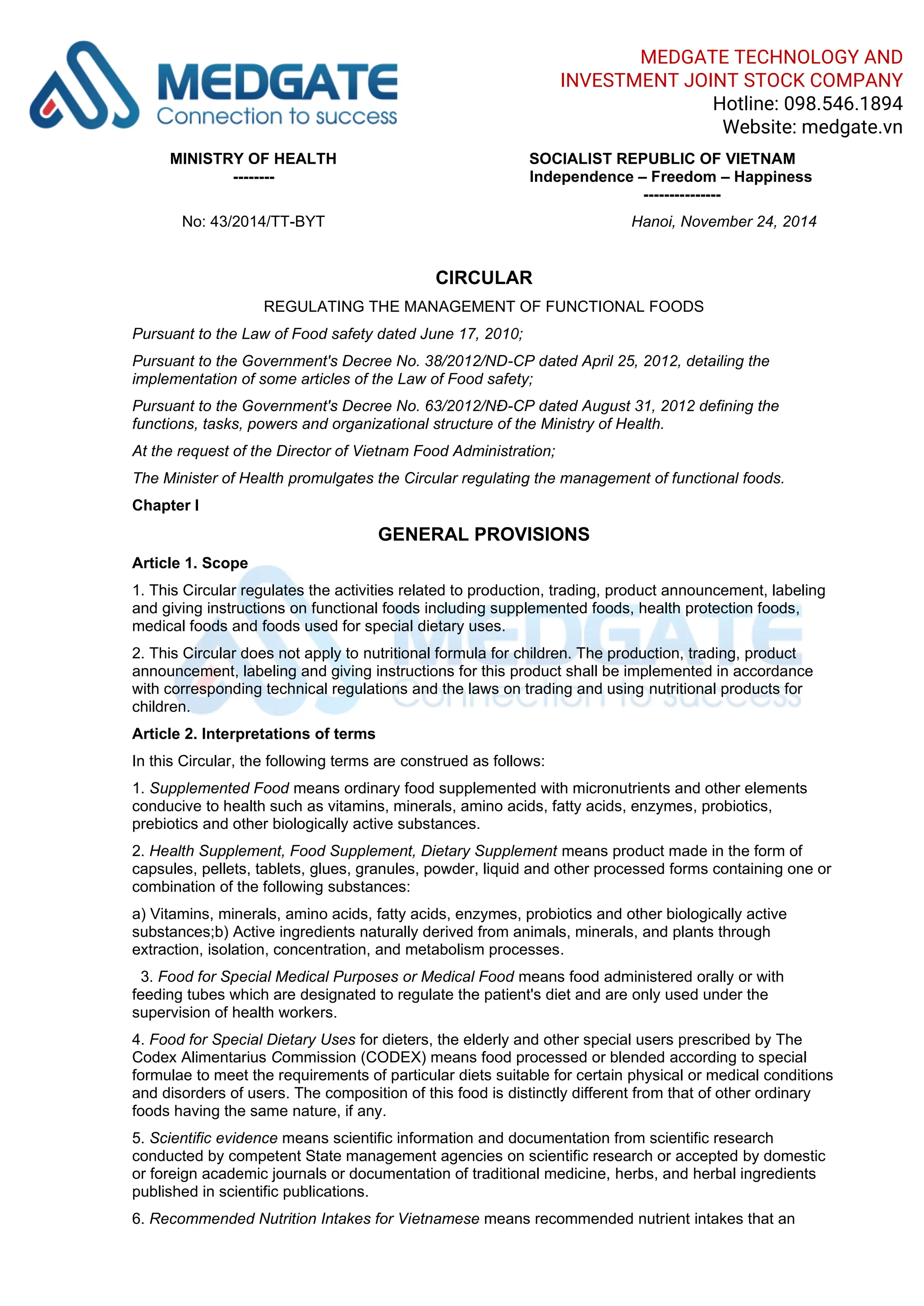 Circular 43/2014/TT-BYT: REGULATING THE MANAGEMENT OF FUNCTIONAL FOODS | PDF