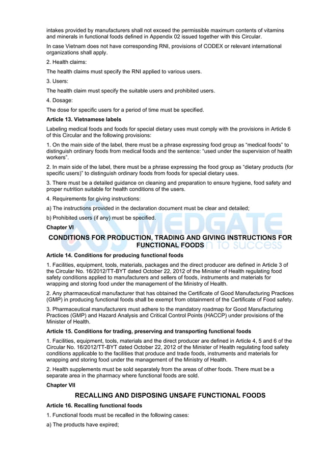 Circular 43/2014/TT-BYT: REGULATING THE MANAGEMENT OF FUNCTIONAL FOODS | PDF | Nutrition ...
