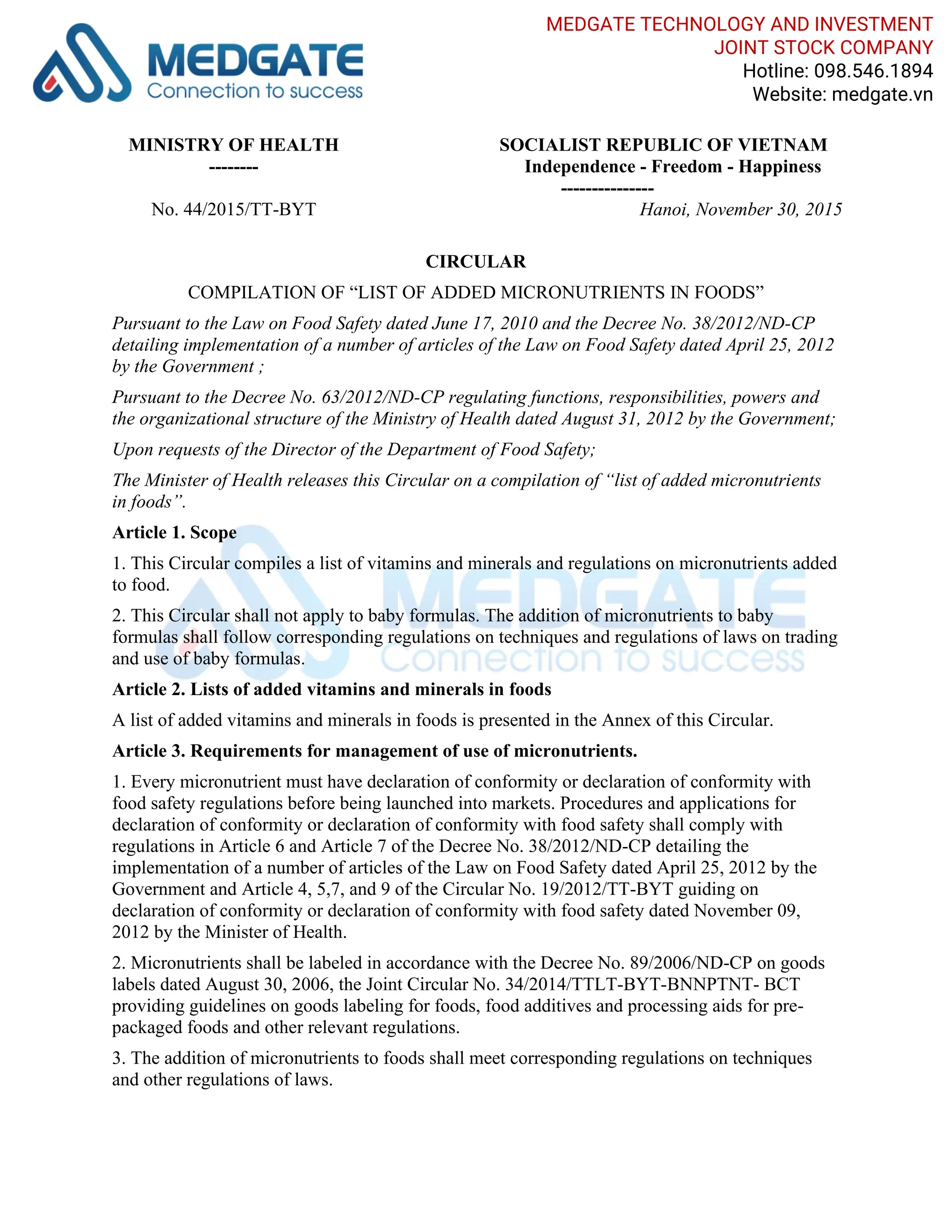 Circular 44/2015/TT-BYT: COMPILATION OF “LIST OF ADDED MICRONUTRIENTS IN FOODS” | PDF