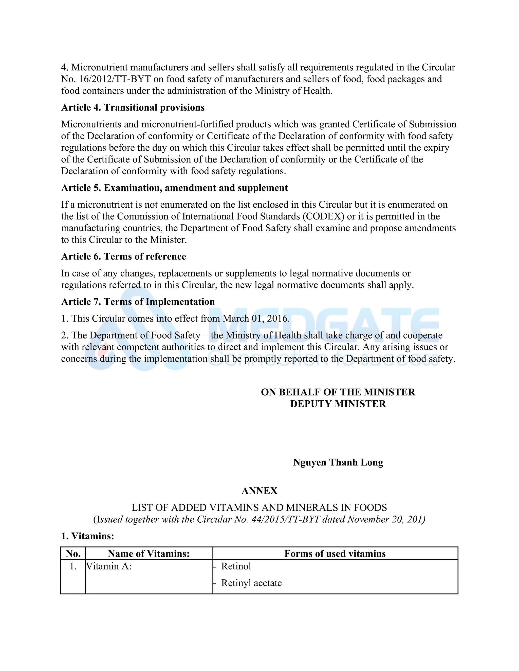 Circular 44/2015/TT-BYT: COMPILATION OF “LIST OF ADDED MICRONUTRIENTS ...
