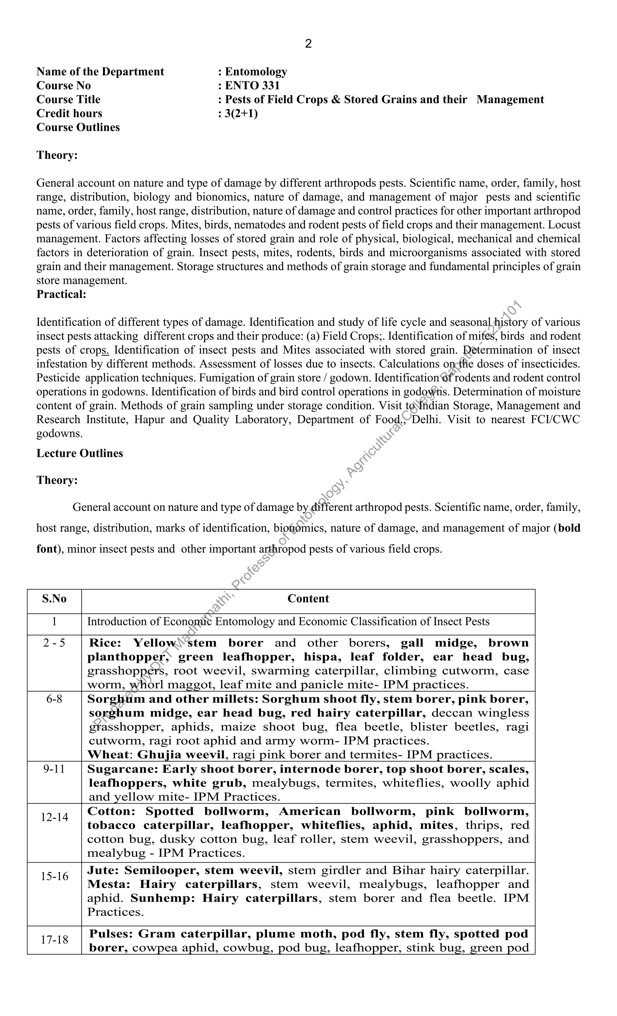 ENTO 331, Pests of Field Crops, Stroed Grains and their Management 12. ...