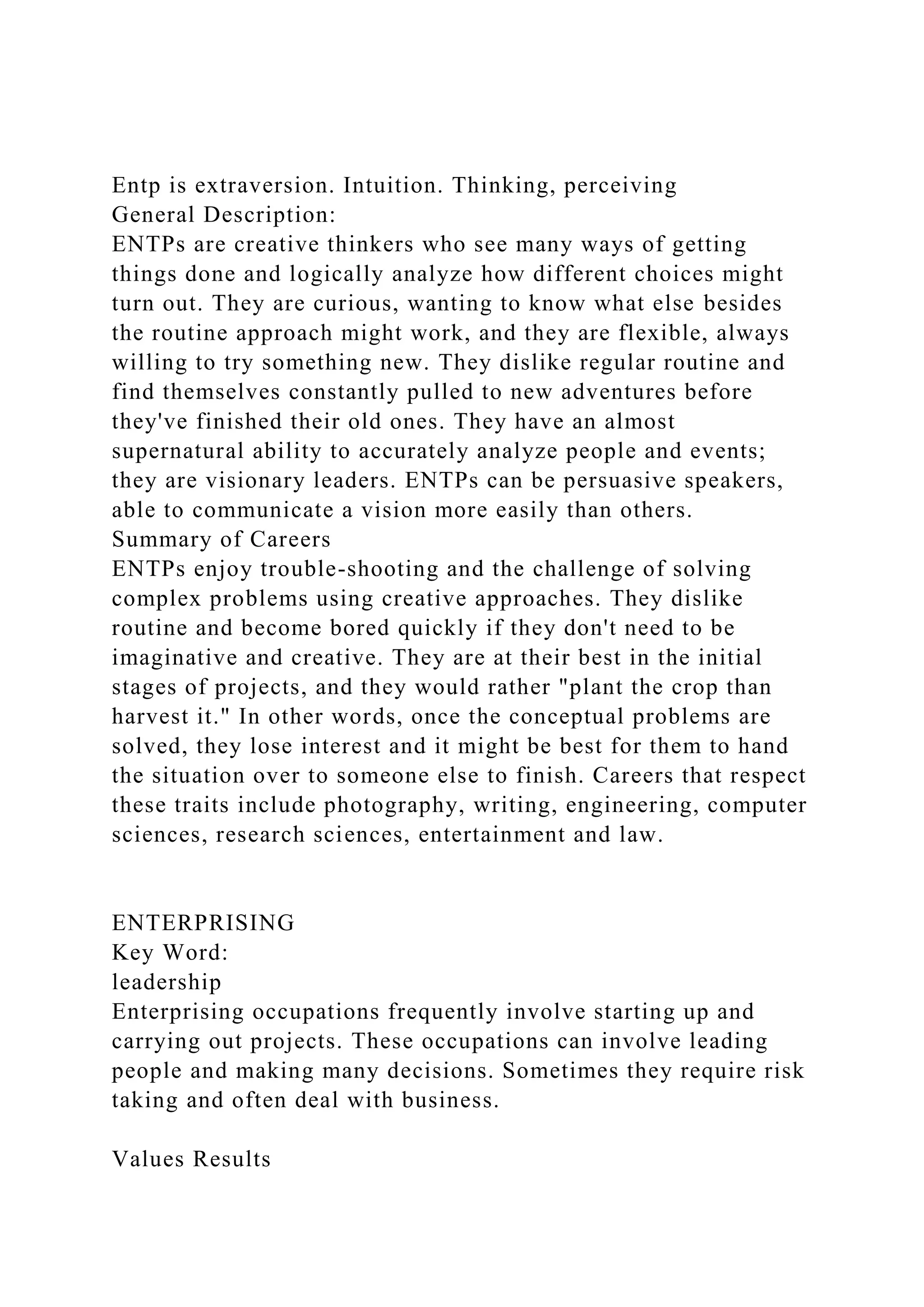 Entp is extraversion. Intuition. Thinking, perceivingGeneral Des.docx