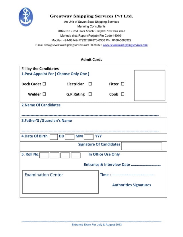 Merchant Navy Entrance Exam 2013 Form | PDF | Education