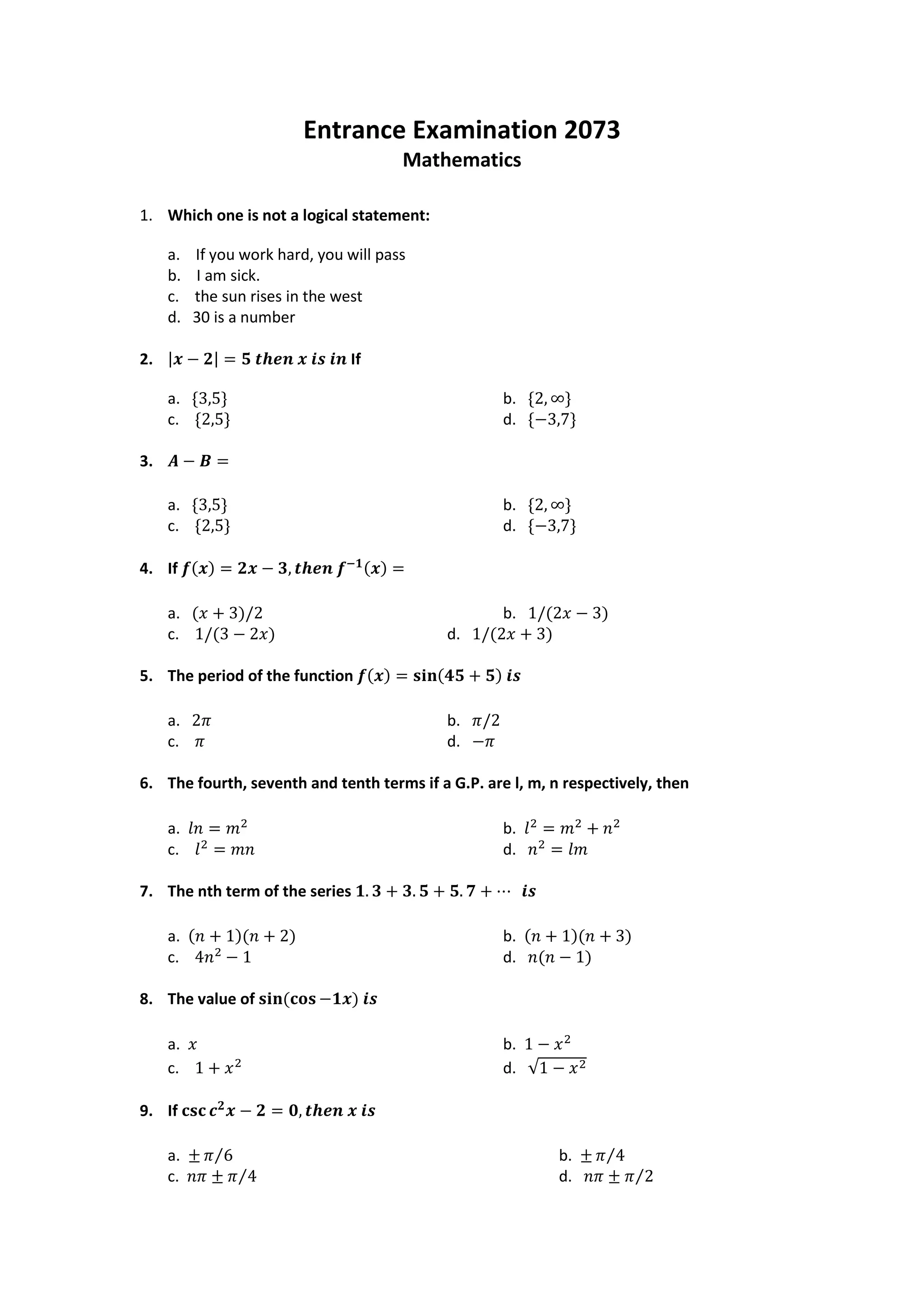Entrance examination-2073 | PDF