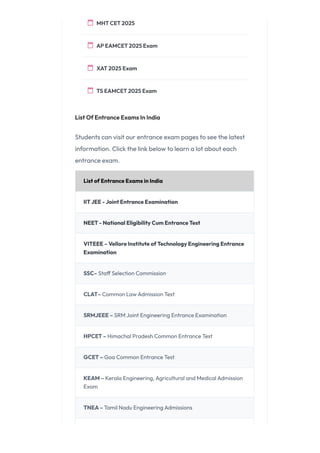 List of Entrance Exams in India, Details | PDF