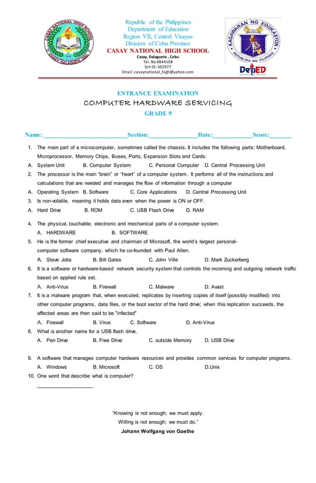 ENTRANCE EXAMINATION (Casay NHS -ICT) | DOCX | Operating Systems ...